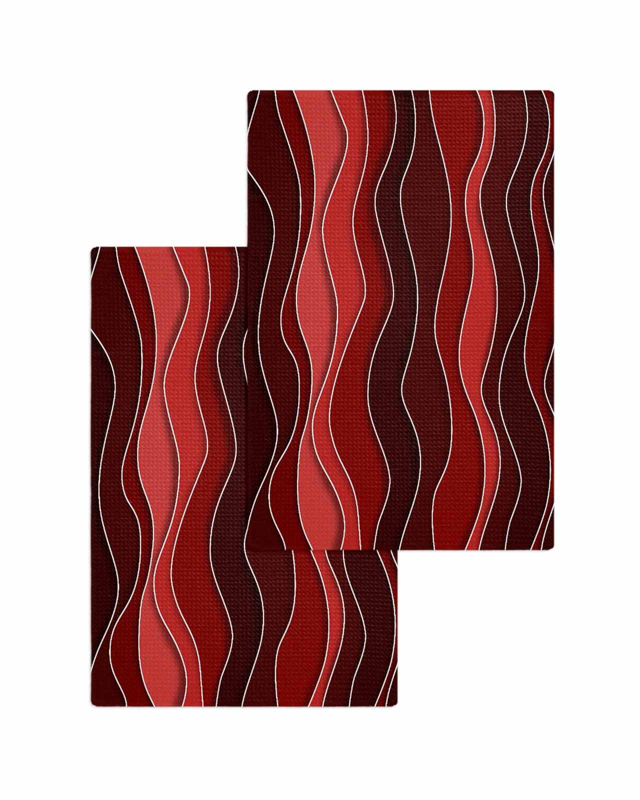 Red Ombre Kitchen Dish Towels for Drying Dishes Set of 2, Abstract Art Moire Ocean Waves Waffle ...