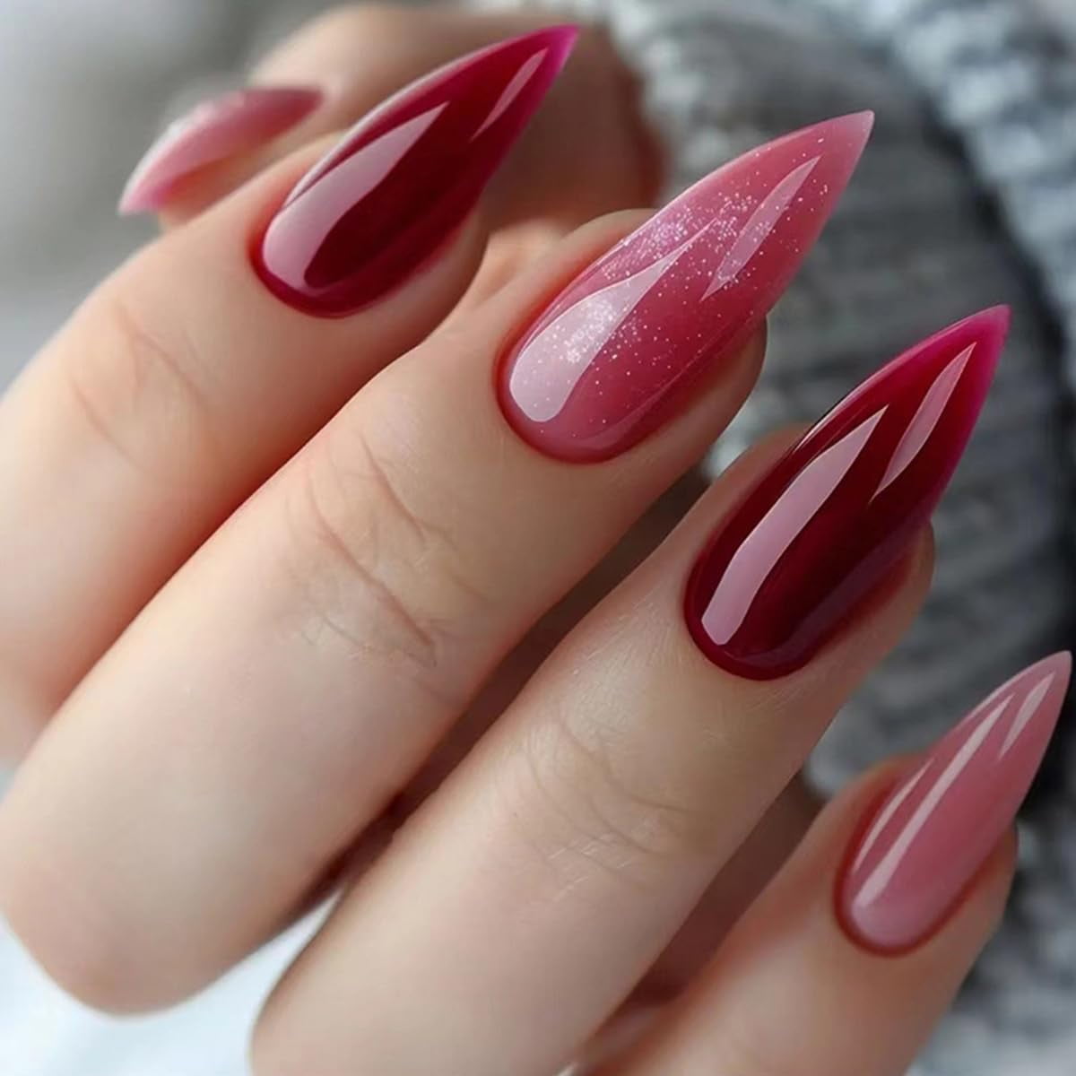 Red Ombre Press on Nails Long Stiletto Fake Nails Wine Red False Nails ...