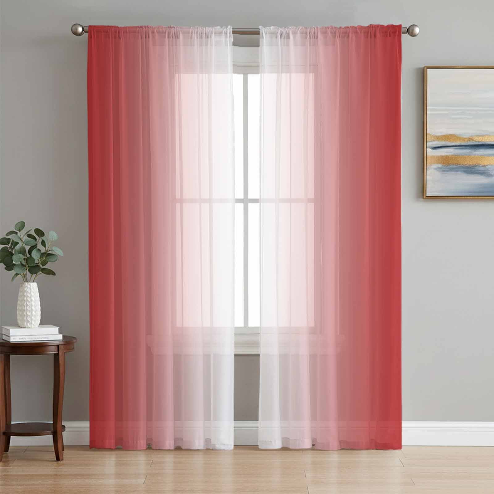 Red Ombre Semi Sheer Window Curtains 96 Inches Long, Red White Gradient ...