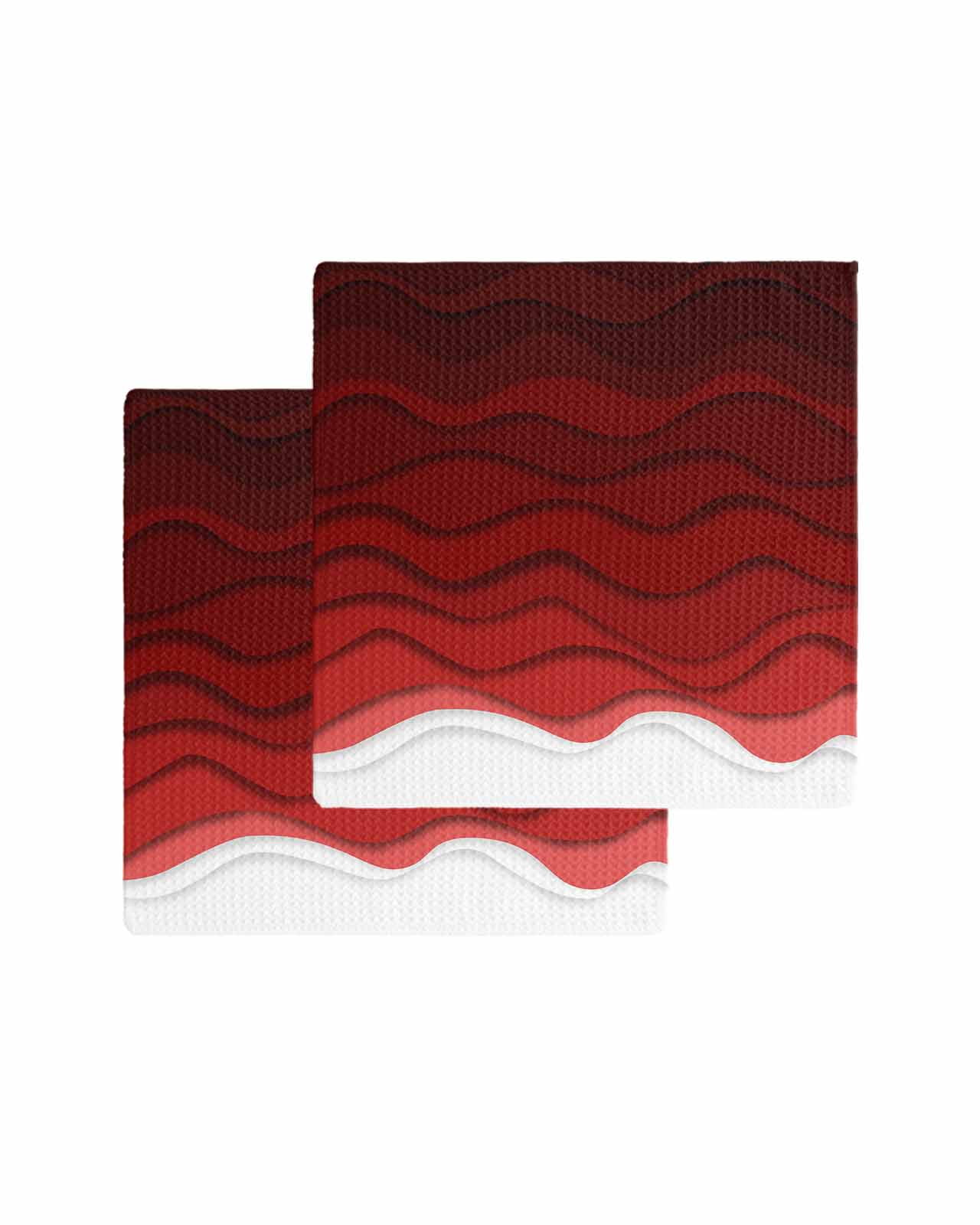 Red Ombre Stripes Kitchen Dish Towels for Drying Dishes Set of 2, Modern Abstract Sea Waves ...