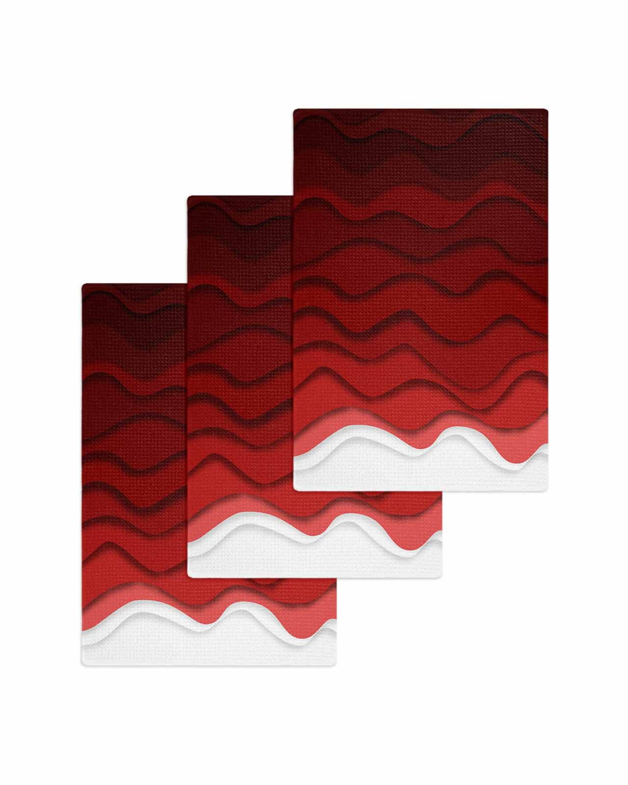 Red Ombre Stripes Kitchen Dish Towels for Drying Dishes Set of 3, Modern Abstract Sea Waves ...