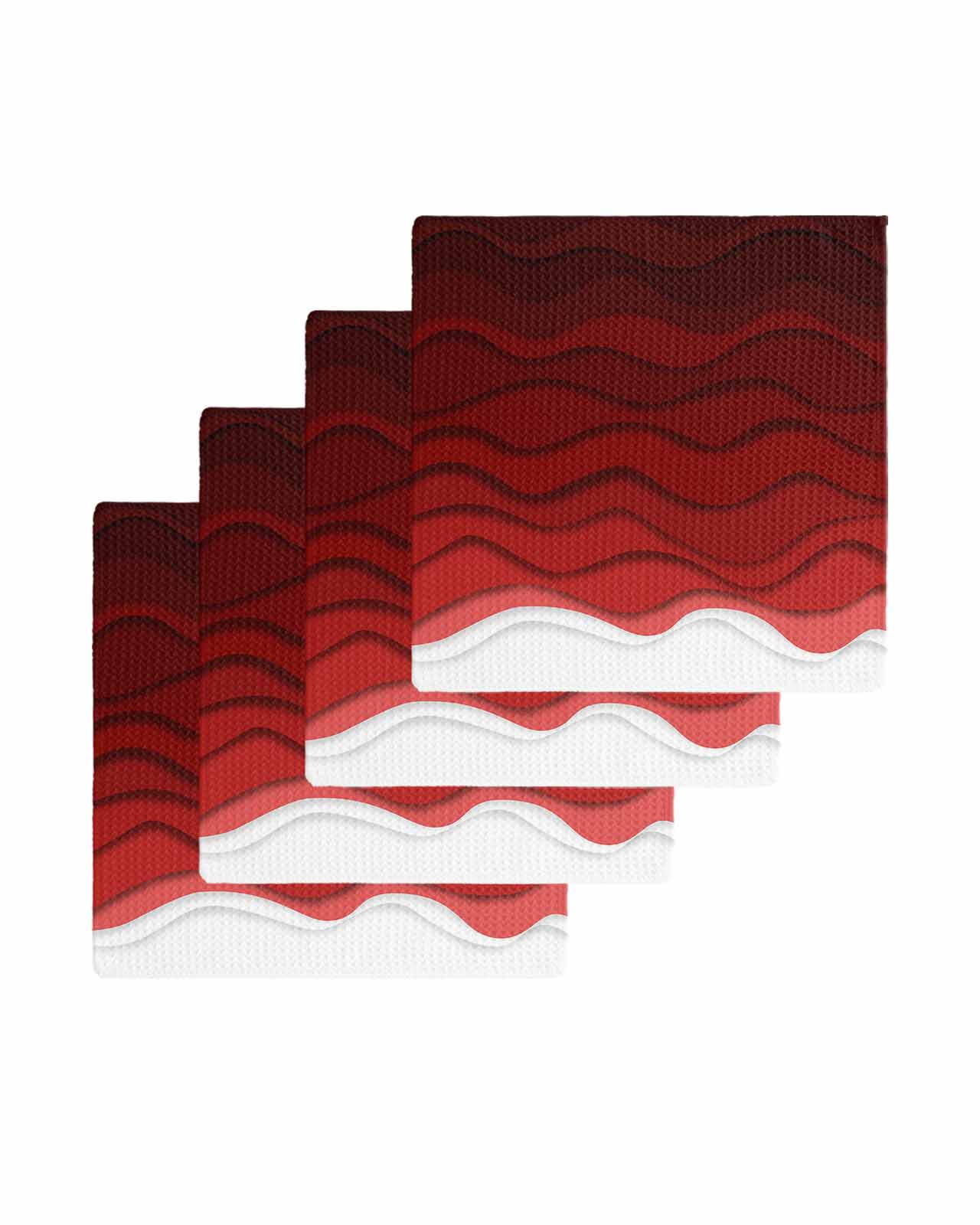 Red Ombre Stripes Kitchen Dish Towels for Drying Dishes Set of 4, Modern Abstract Sea Waves ...