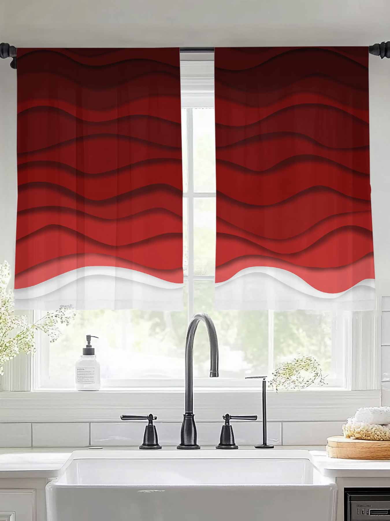 Red Ombre Stripes Sheer Curtains for Living Room Bedroom Modern Abstract Sea Waves Aesthetic ...