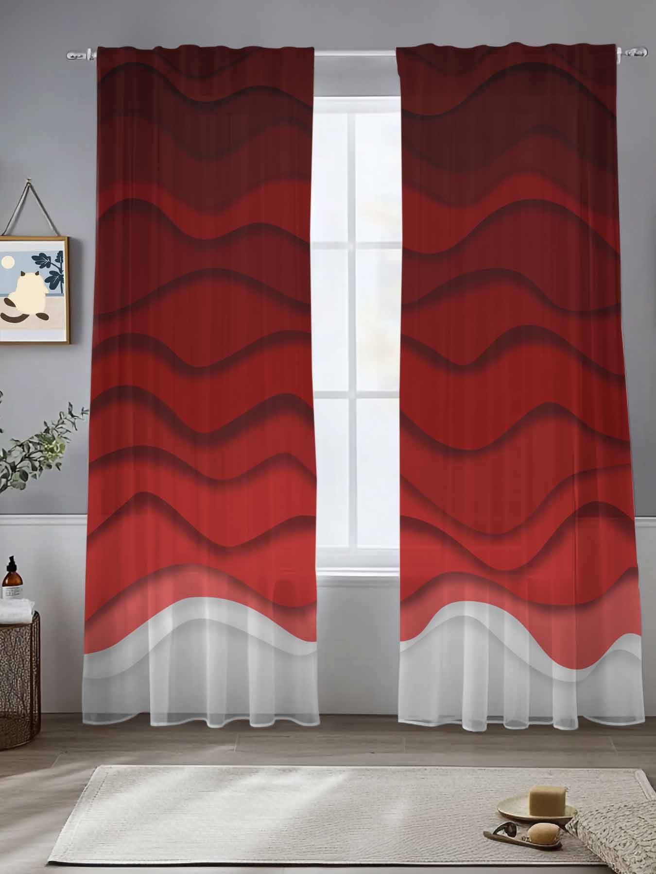 Red Ombre Stripes Sheer Curtains for Living Room Bedroom Modern Abstract Sea Waves Aesthetic ...