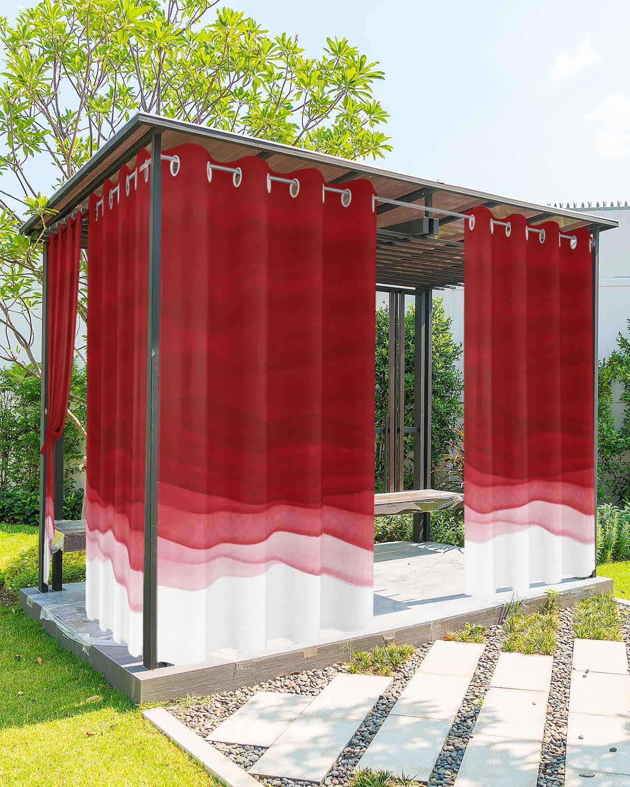 Red Ombre Waves Outdoor Curtains for Patio, Abstract Art Gradient ...