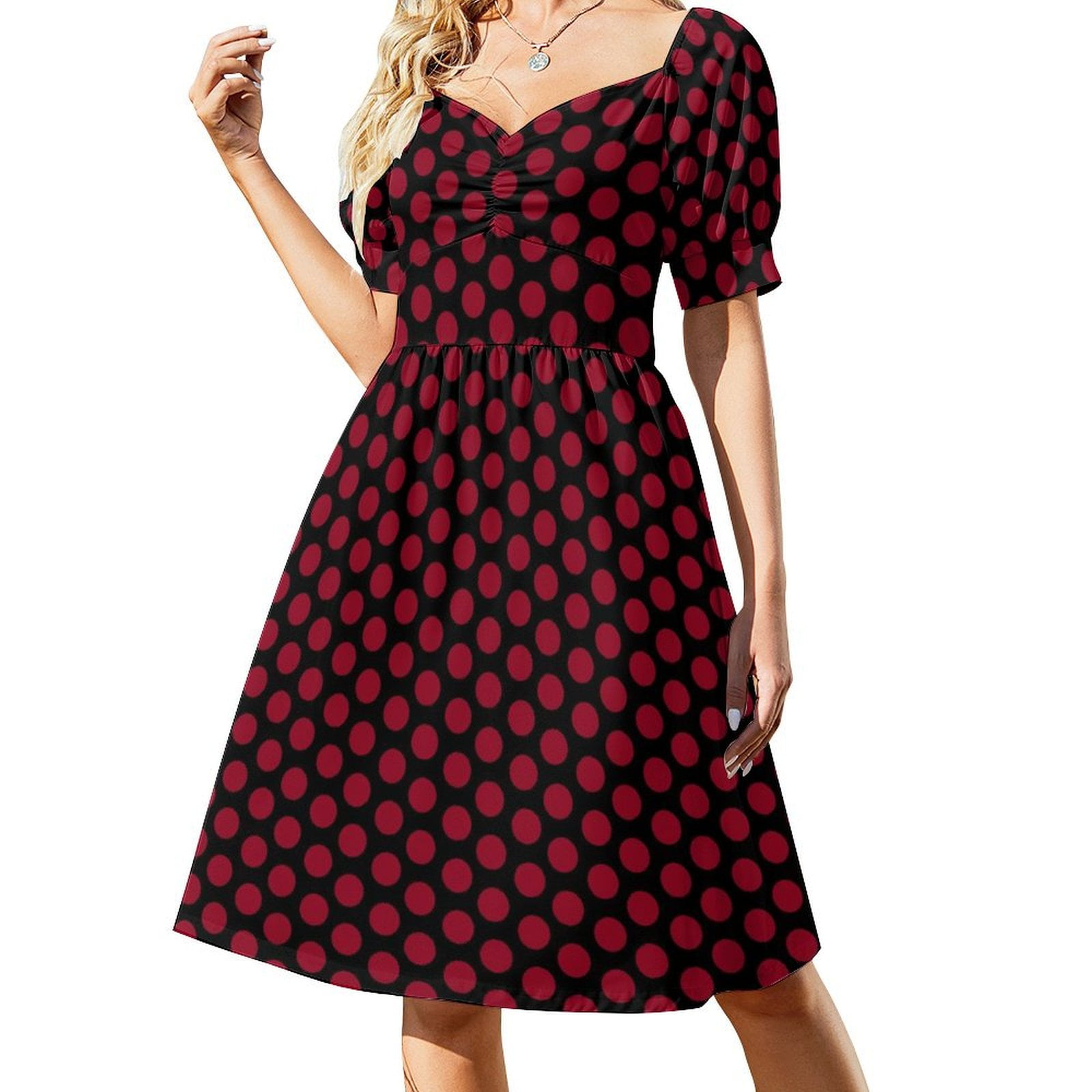 Red On Black Polka Dots Short Sleeve Dress Clothes Women's Summer Dress ...