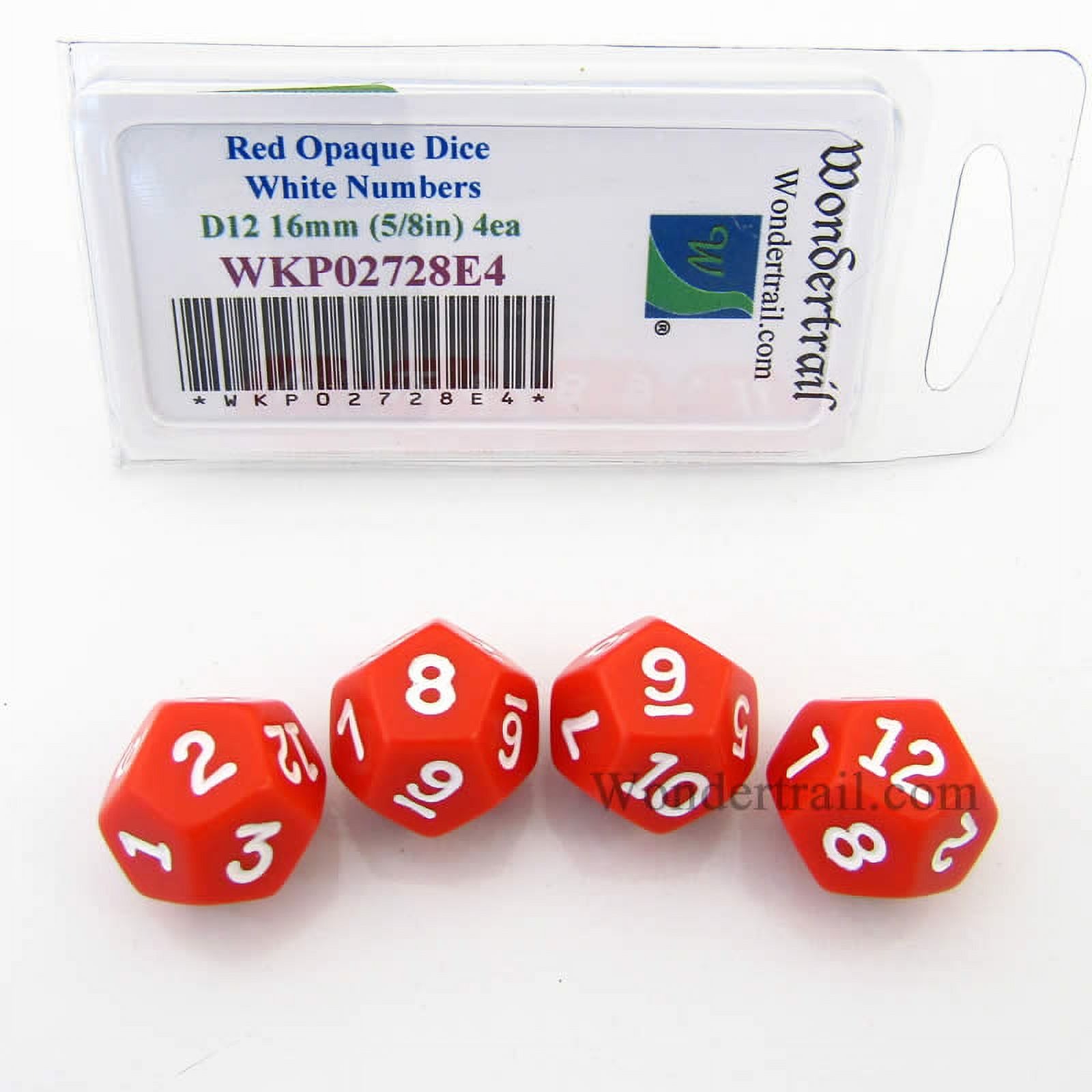 Red Opaque Dice with White Numbers D12 16mm (5/8in) Pack of 4 ...