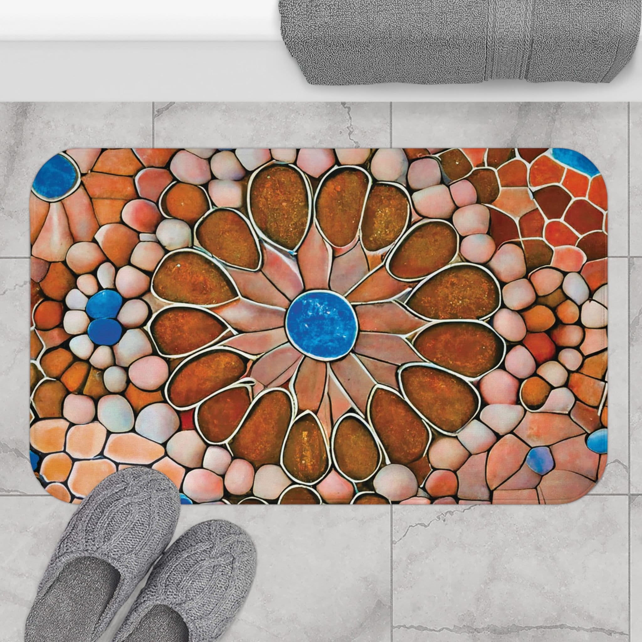Red Orange Amber Sapphire Blue Flowers Mosaic Bath Mat, Antoni Gaudi ...