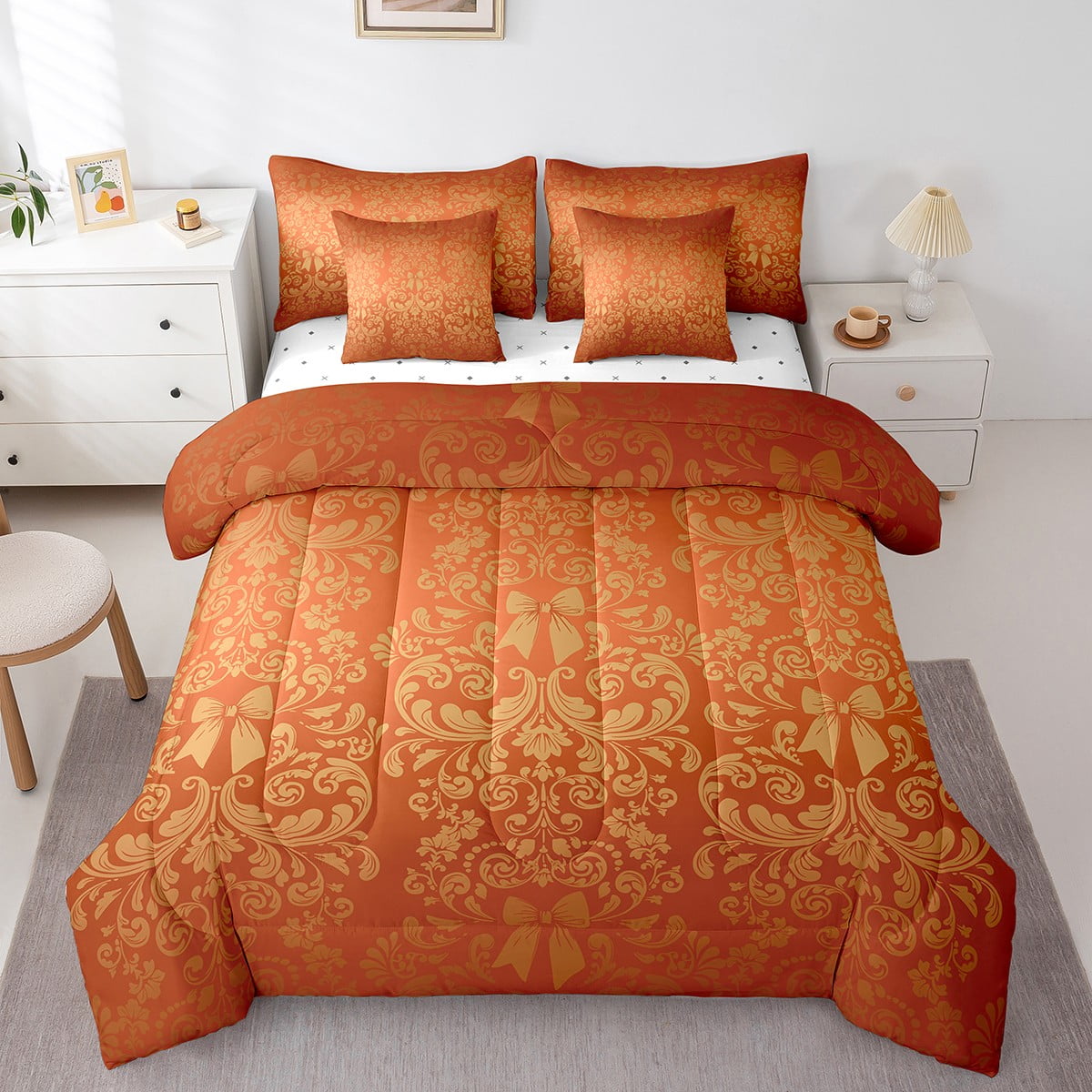 Red Orange Bow Knot Bed in a Bag Queen Comforter Set 7 Piece,Antique ...