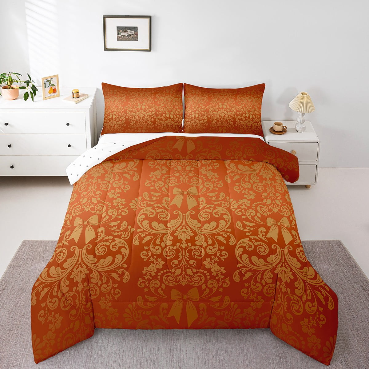 Red Orange Bow Knot Comforter Set Antique Victorian Damask Down ...