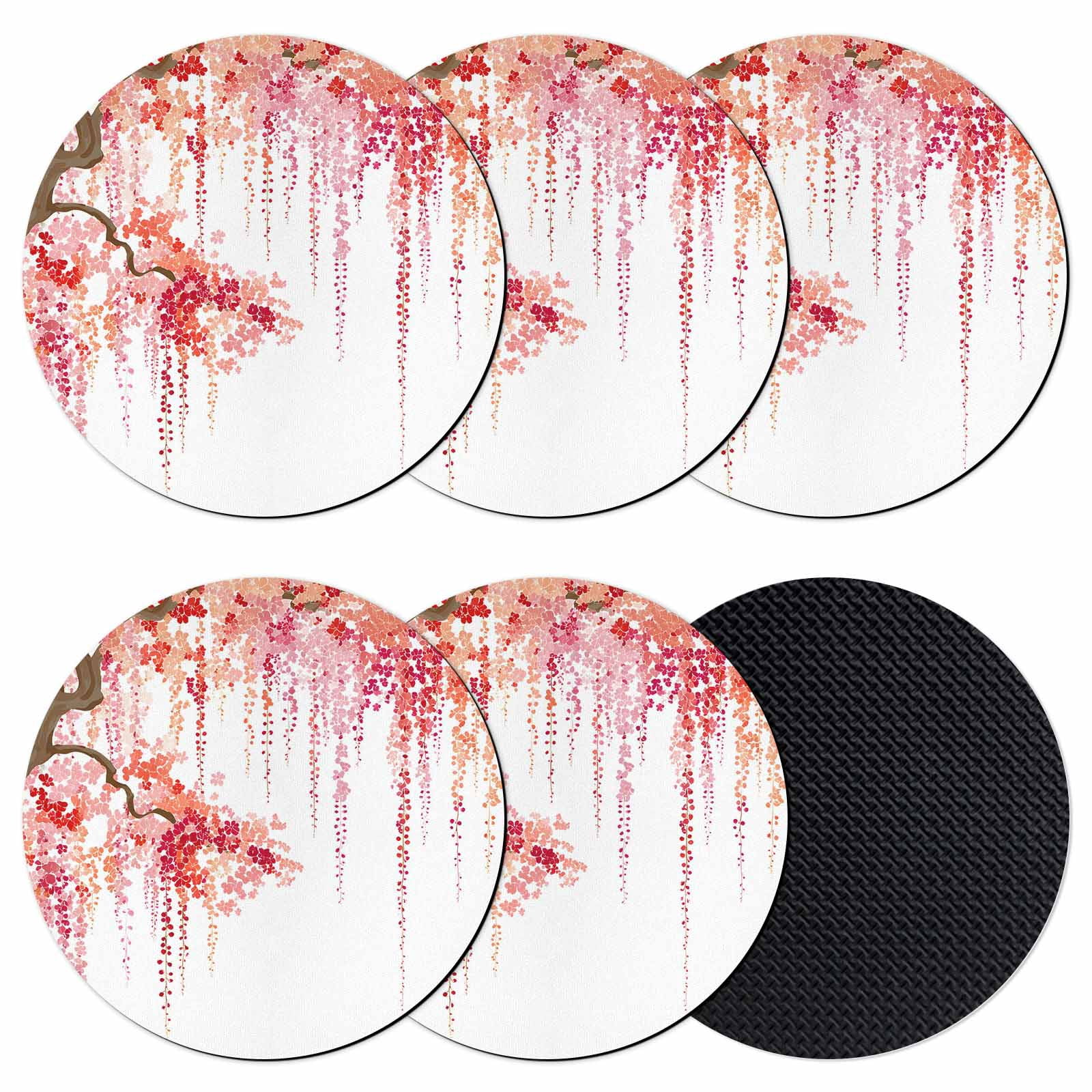 Red Orange Cherry Blossoms Coasters Set of 6, Absorbent Coasters for ...