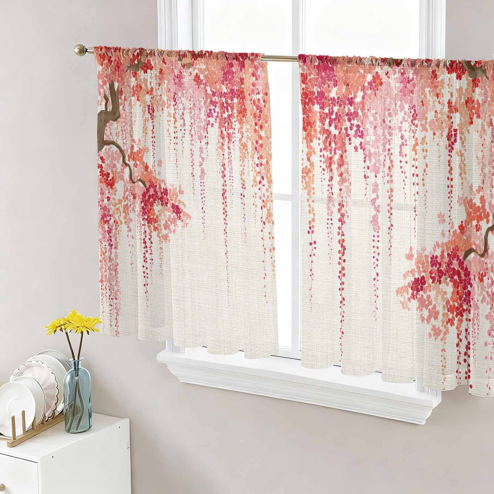 Red Orange Cherry Blossoms Sheer Curtains 45 Inch Length 2 Panels Set ...
