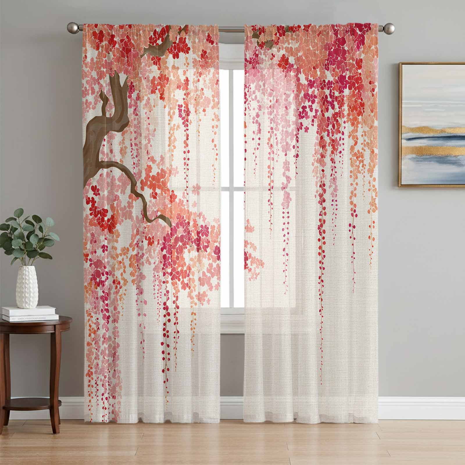 Red Orange Cherry Blossoms Sheer Curtains 63 Inch Length 2 Panels Set ...