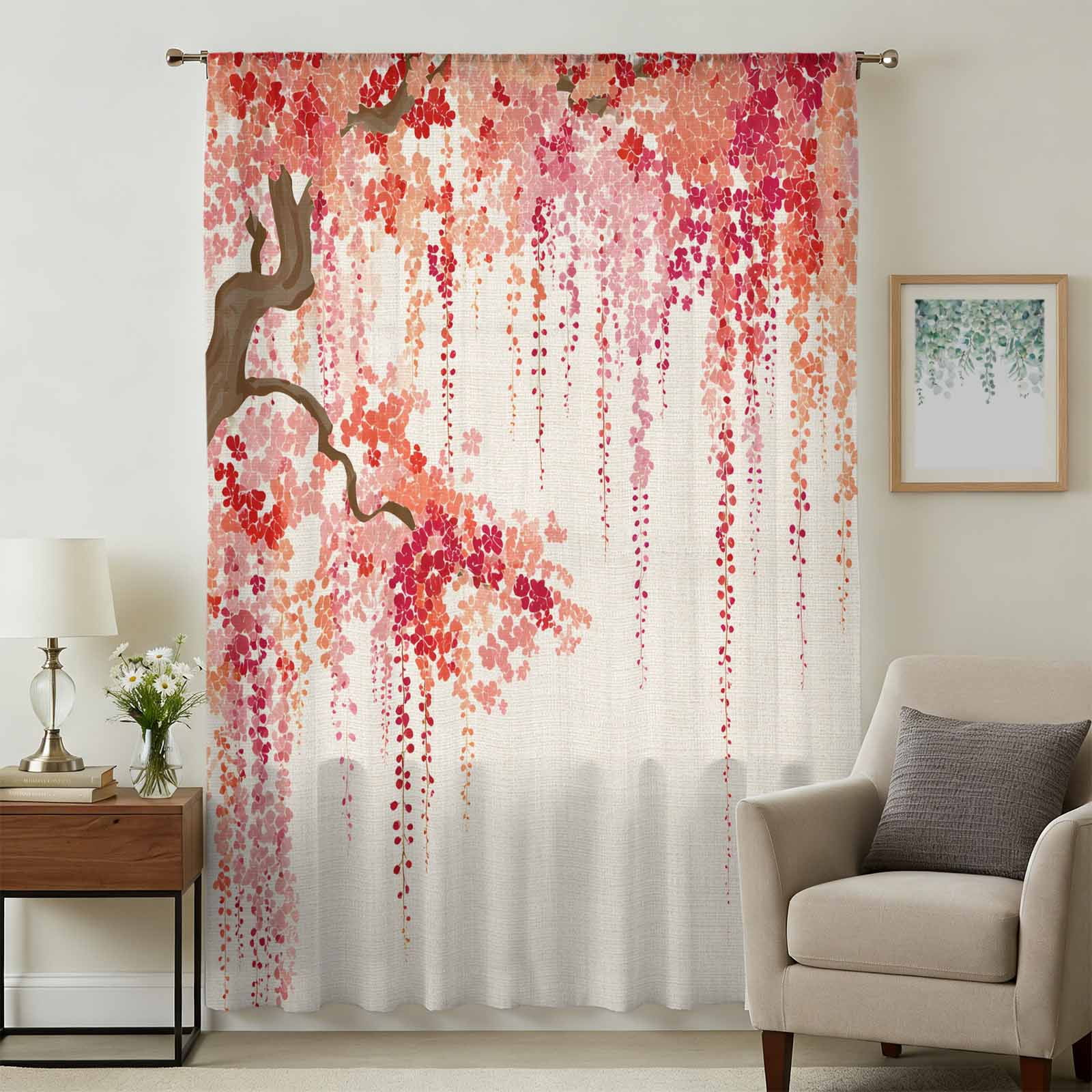 Red Orange Cherry Blossoms Sheer Curtains 63 Inches Long, Spring ...