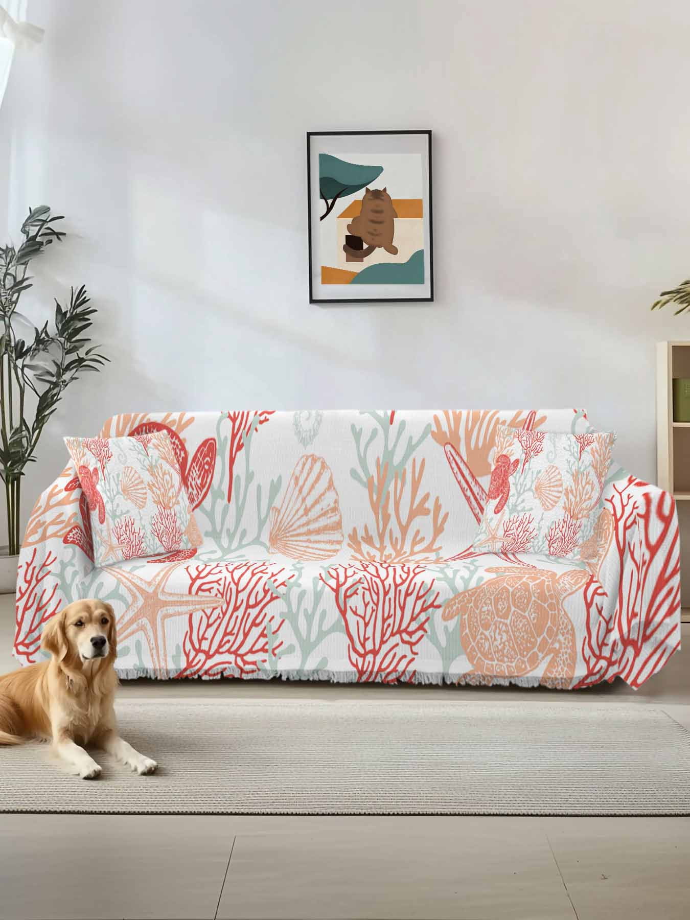 Red Orange Coastal Couch Cover, Sea Turtle Nautical Coral Summer Beach ...