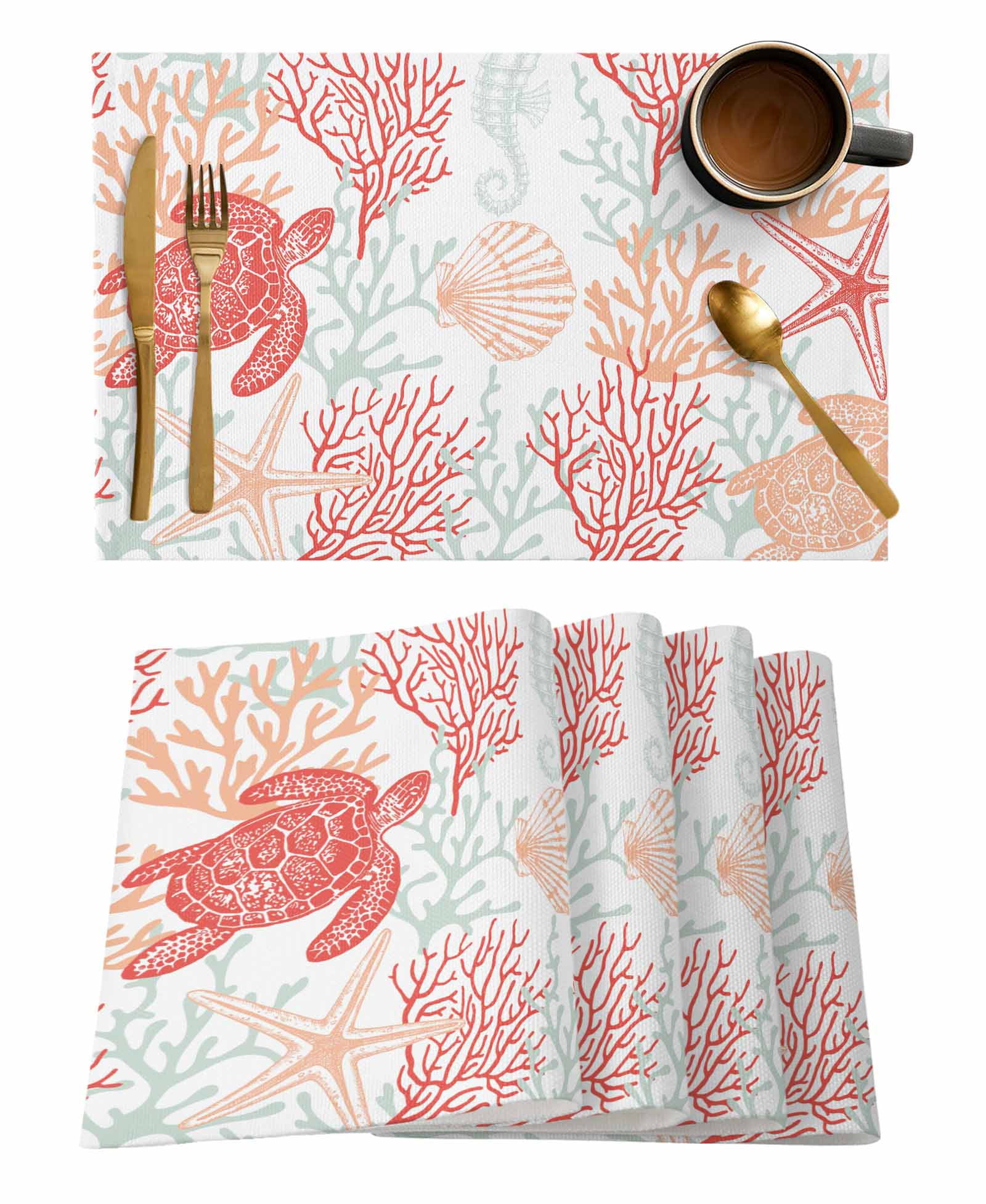 Red Orange Coastal Placemats Set of 4, Sea Turtle Nautical Coral Summer ...