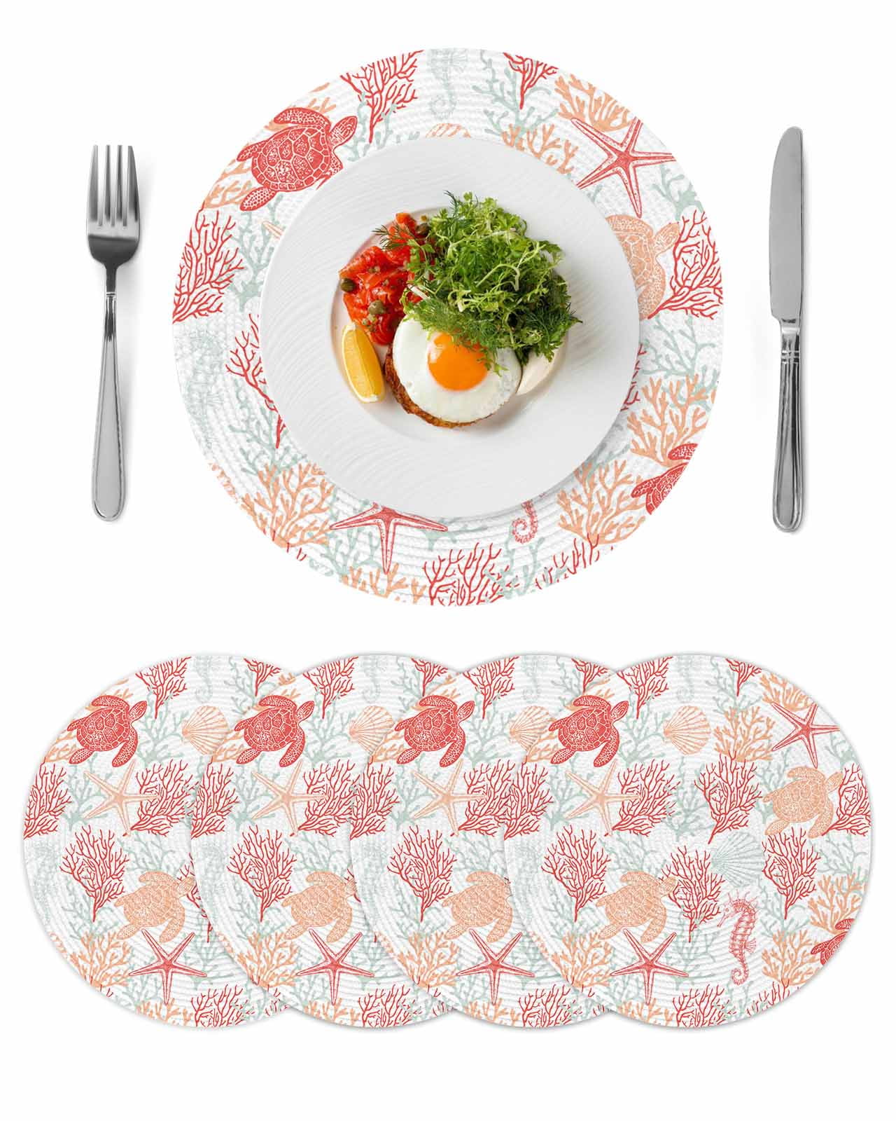 Red Orange Coastal Round 13 Inch Placemats Set of 4, Sea Turtle ...