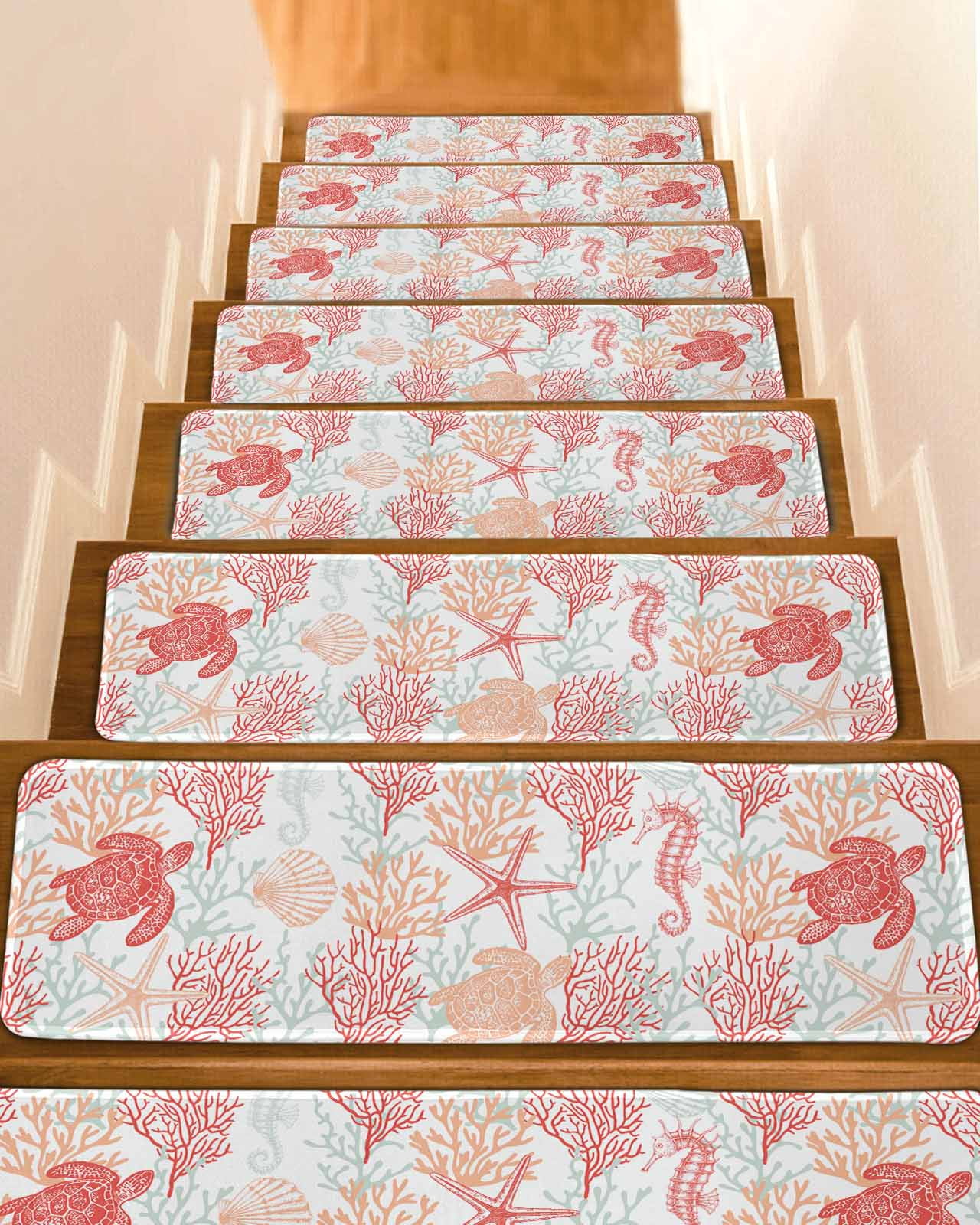 Red Orange Coastal Stair Treads for Wooden Steps Indoor Runner Rug ...