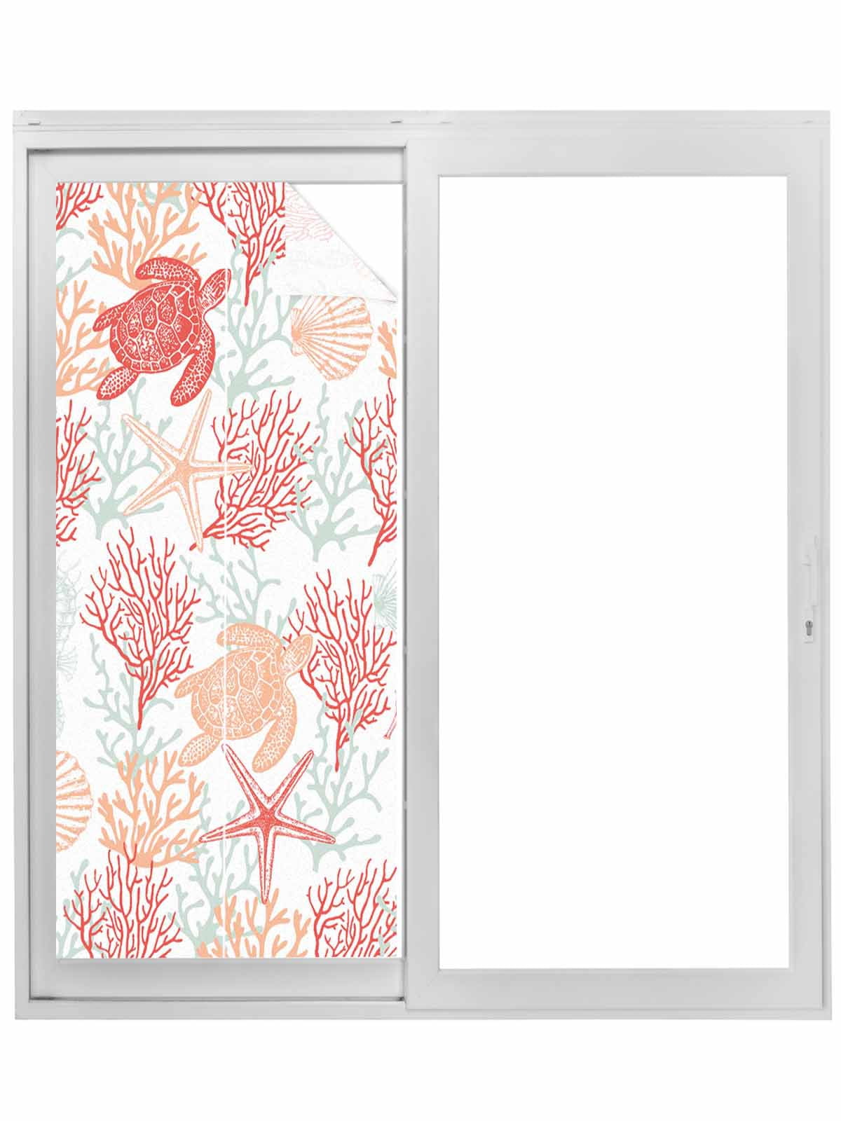 Red Orange Coastal Window Privacy Film, Sea Turtle Nautical Coral ...