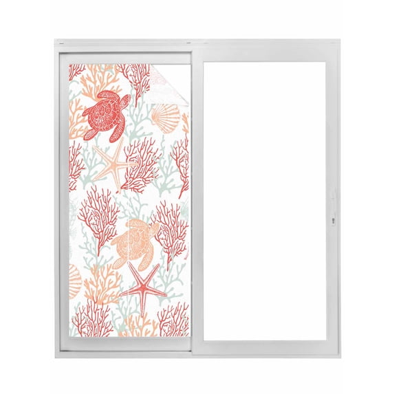 Red Orange Coastal Window Privacy Film, Sea Turtle Nautical Coral ...