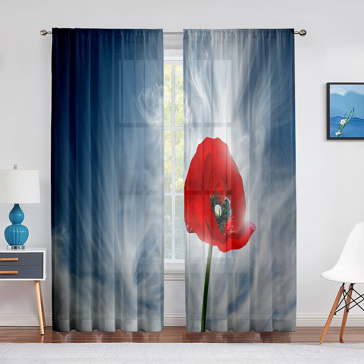 Red Orange Floral Sheer Voile Curtain Poppy Flower Painting Window ...