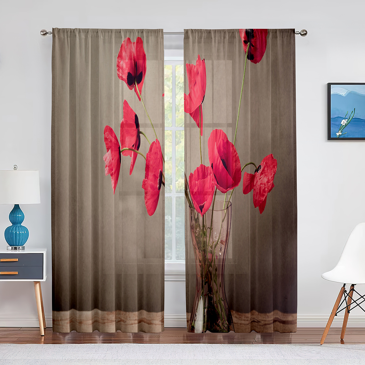 Red Orange Floral Sheer Voile Curtain Poppy Flower Painting Window ...