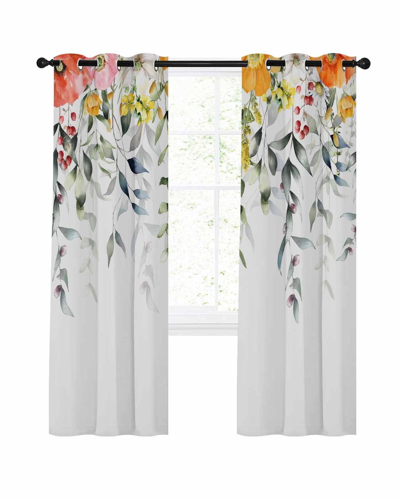 Red Orange Flower Blackout Curtains 84 Inch Length Watercolor Spring ...