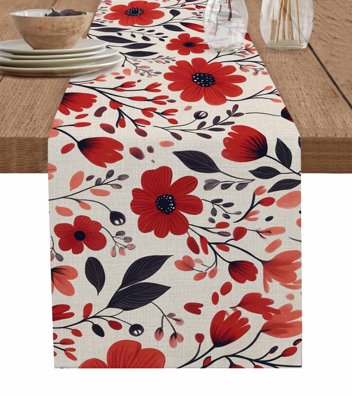 Red Orange Flowers Table Runner 120 Inches, Botanical Summer Floral ...