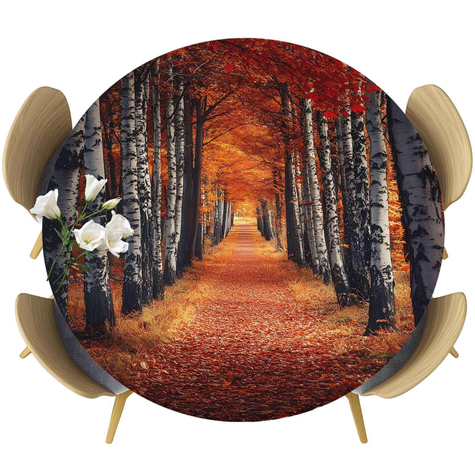 Red Orange Forest Fall Round Tablecloth, Fitted Table Cover with ...