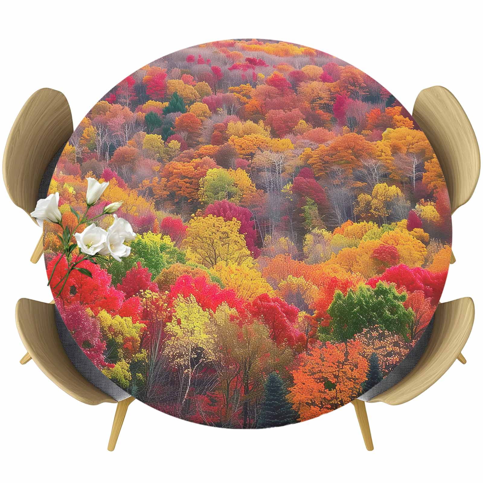 Red Orange Green Forest Round Tablecloth 45-54 Inch Round Fitted Table ...