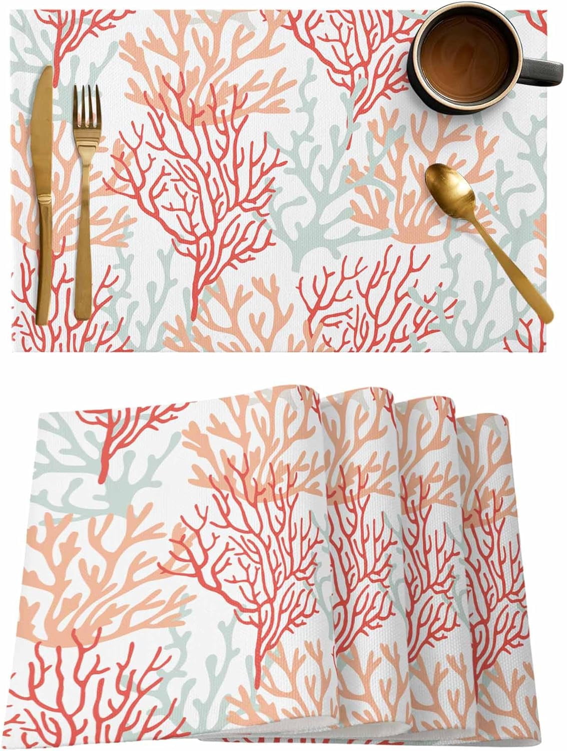 Red Orange Grey Coral Coastal Placemats Set of 6, Summer Beach ...