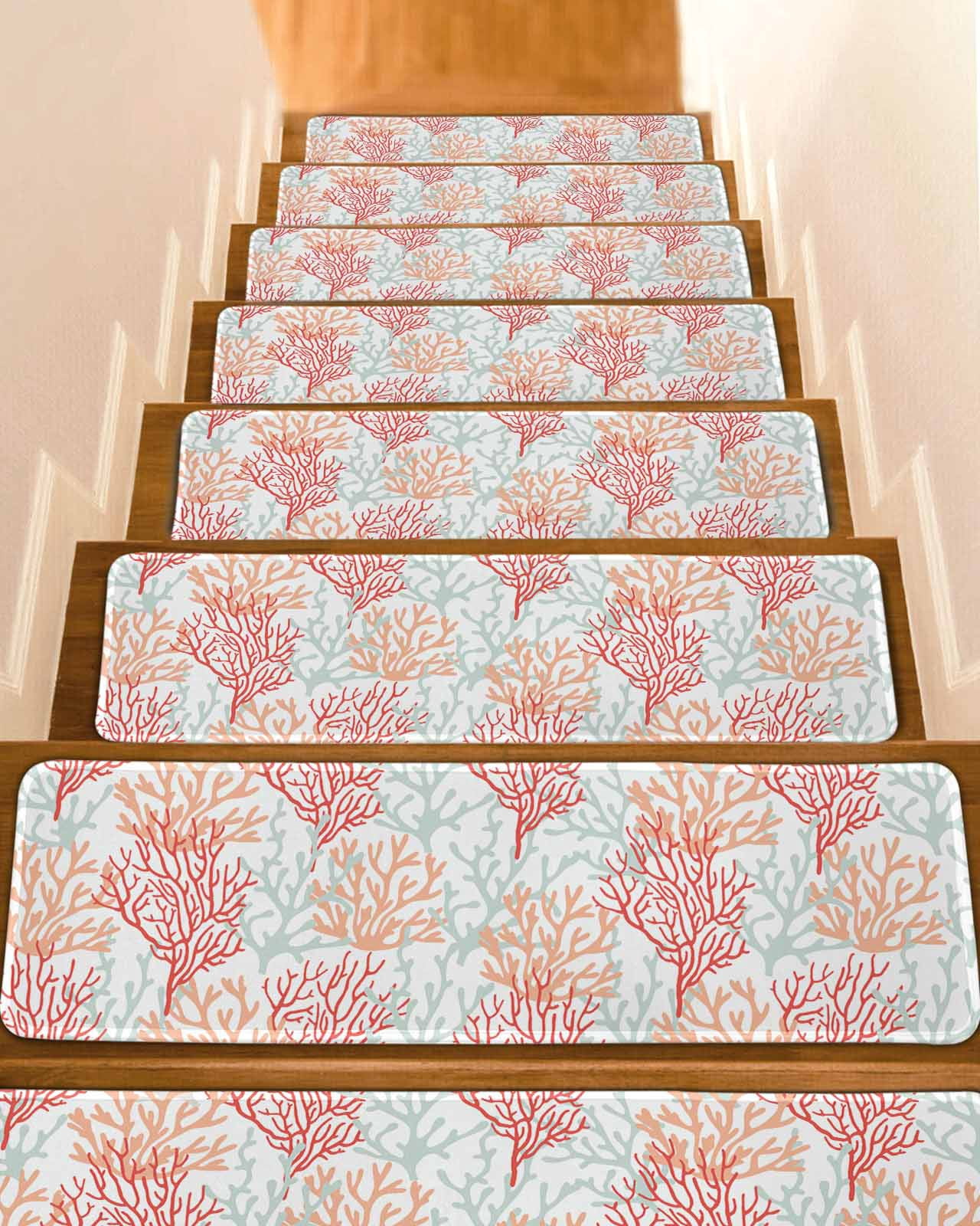 Red Orange Grey Coral Coastal Stair Treads for Wooden Steps Indoor ...