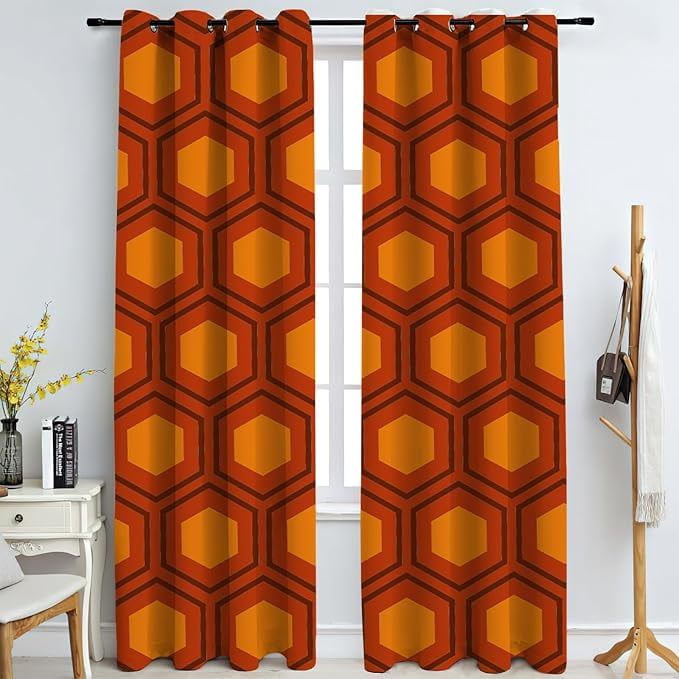 Red Orange Honeycomb Geometry Window Curtains, Orange Abstract Lines ...