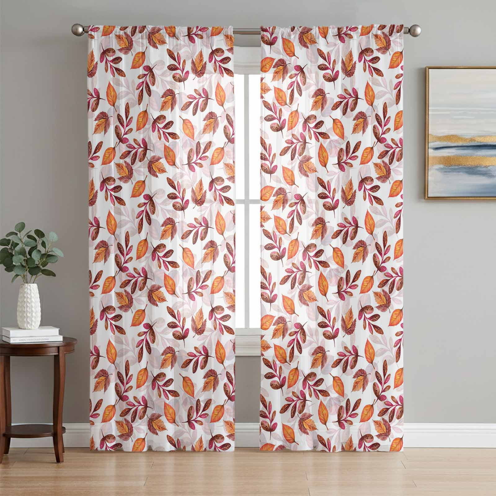 Red Orange Leaves Fall Sheer Curtains 63 Inch Length 2 Panels Set ...