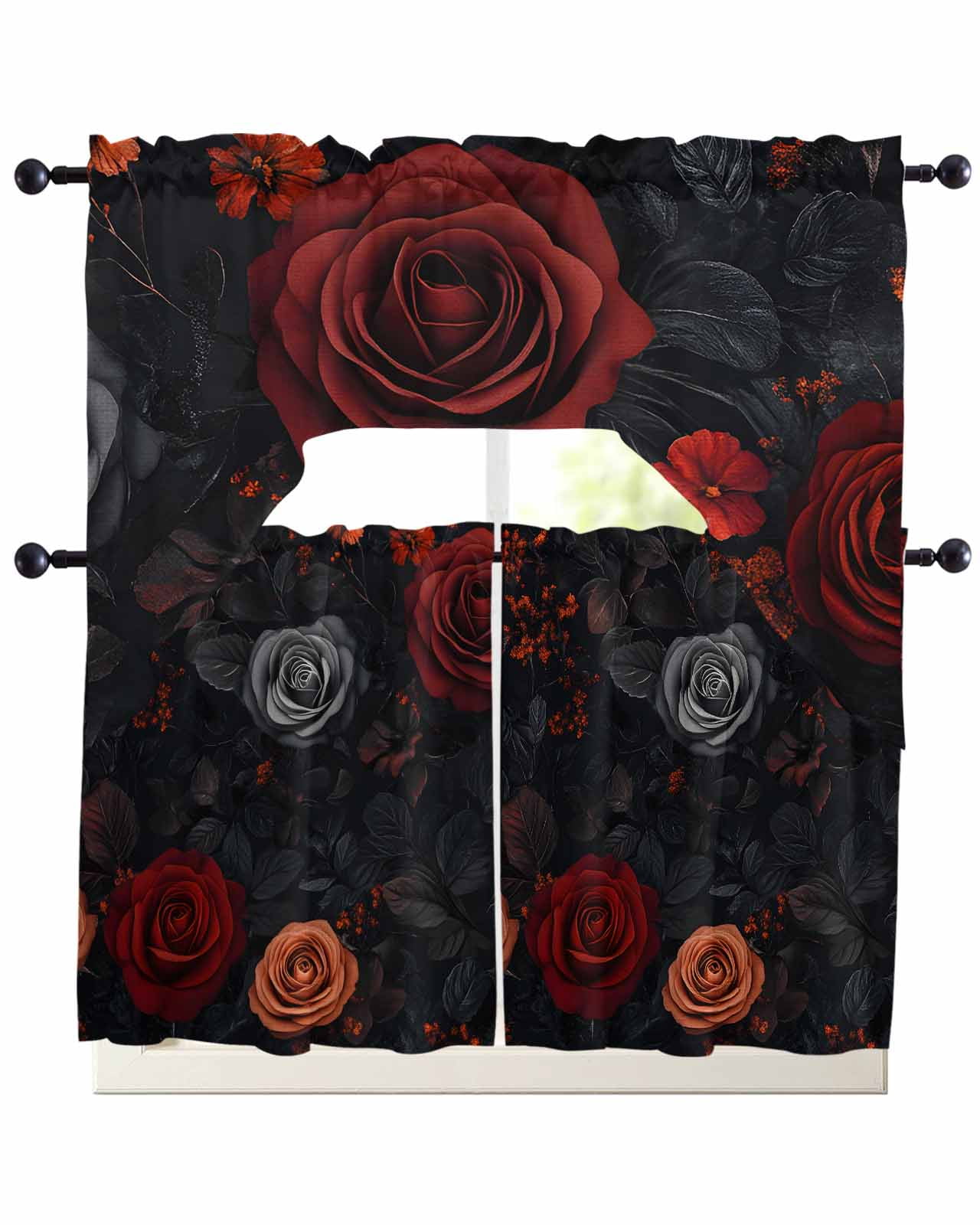 Red Orange Roses Kitchen Curtains Swag Valance and Tier Curtains Set 24 ...