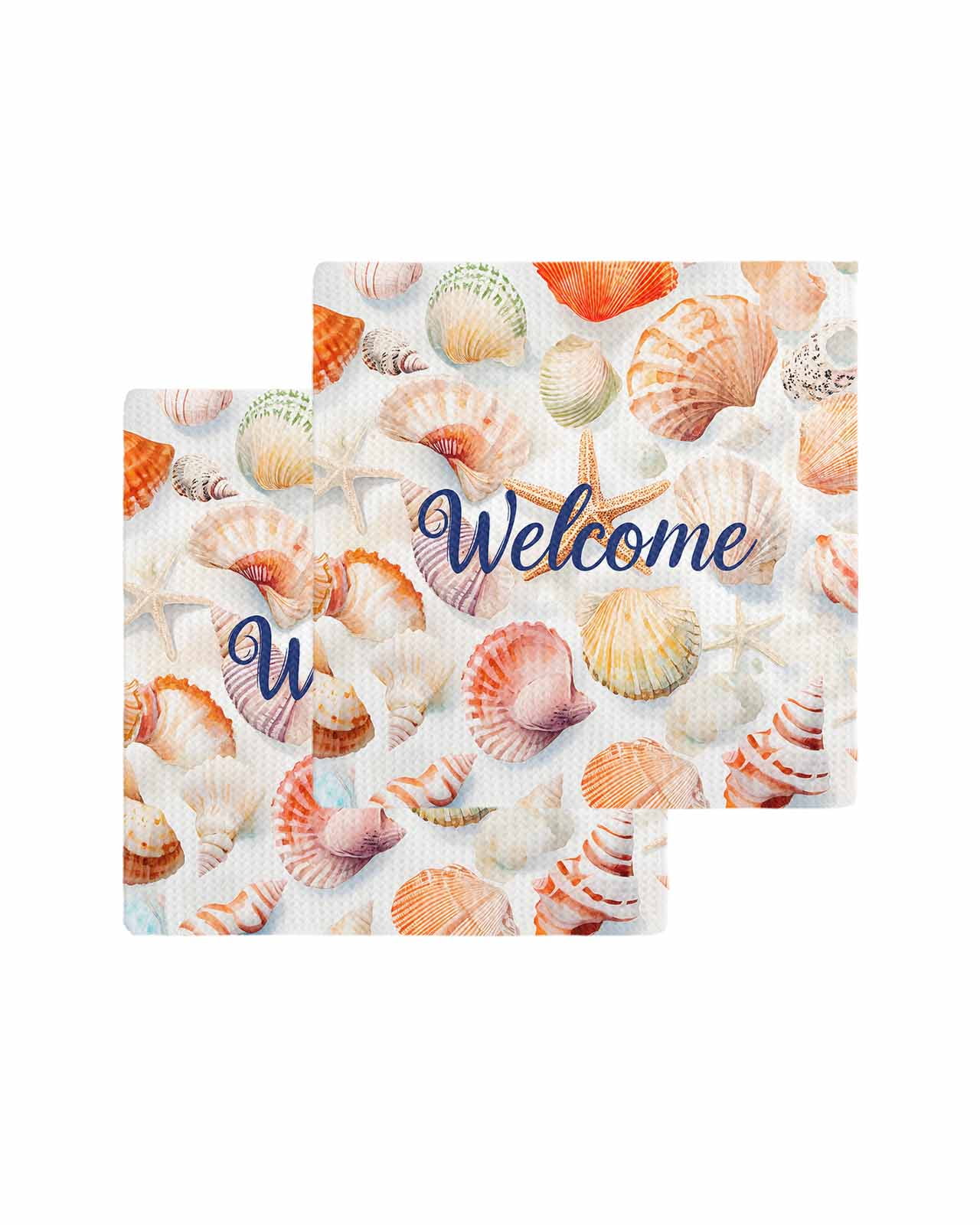 Red Orange Shell Coastal Kitchen Dish Towels for Drying Dishes Set of 2 ...