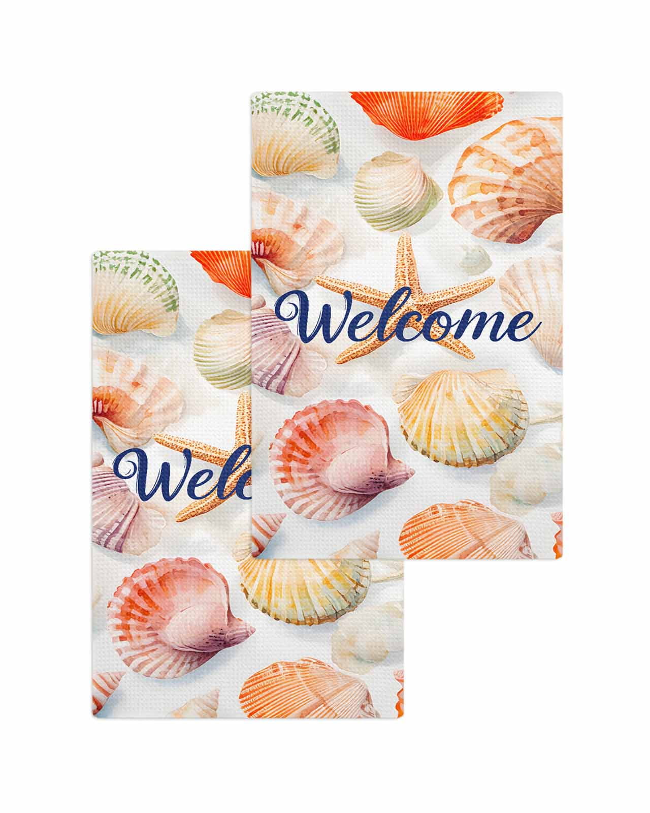 Red Orange Shell Coastal Kitchen Dish Towels for Drying Dishes Set of 2 ...