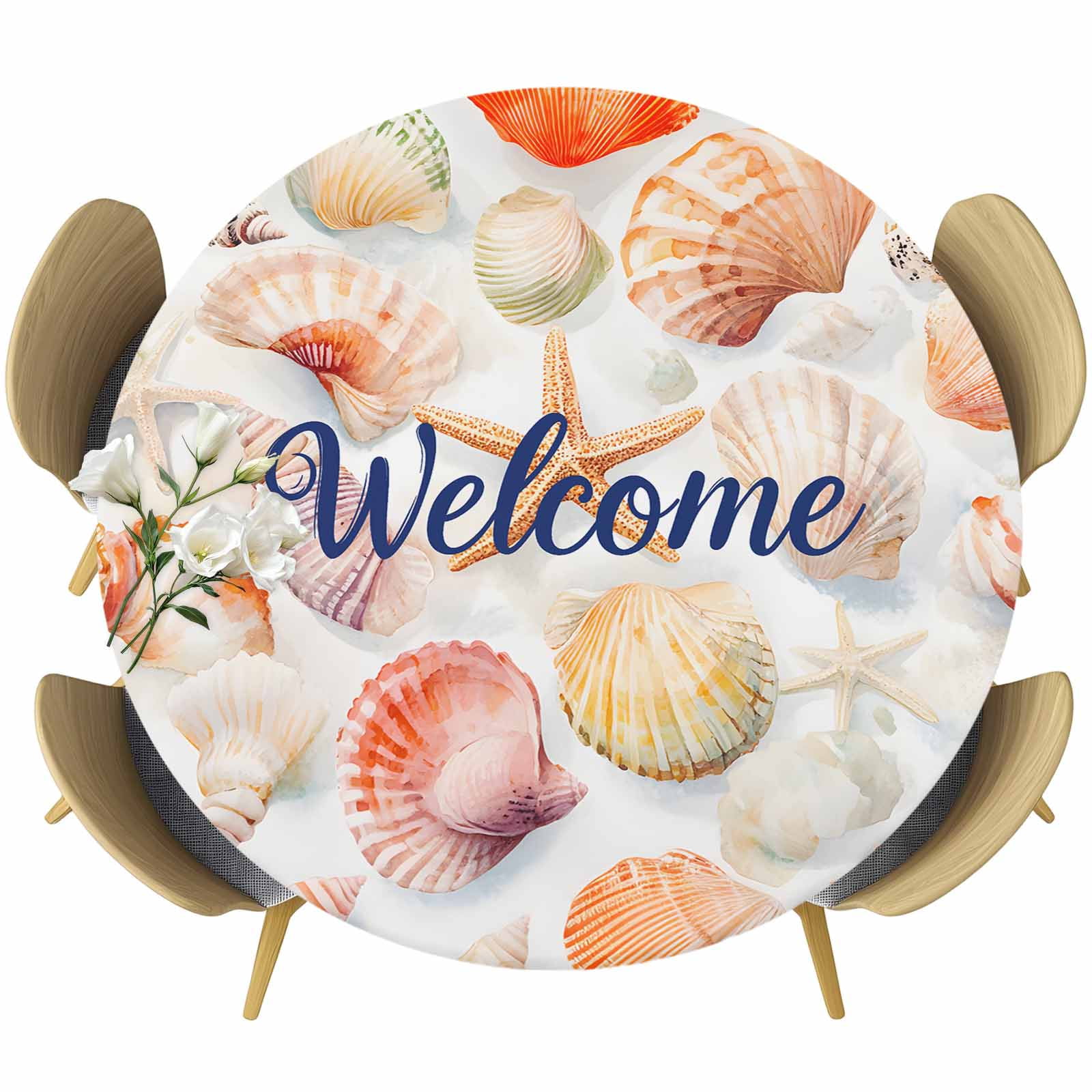 Red Orange Shell Coastal Round Tablecloth 36-44 Inch Round Fitted Table ...