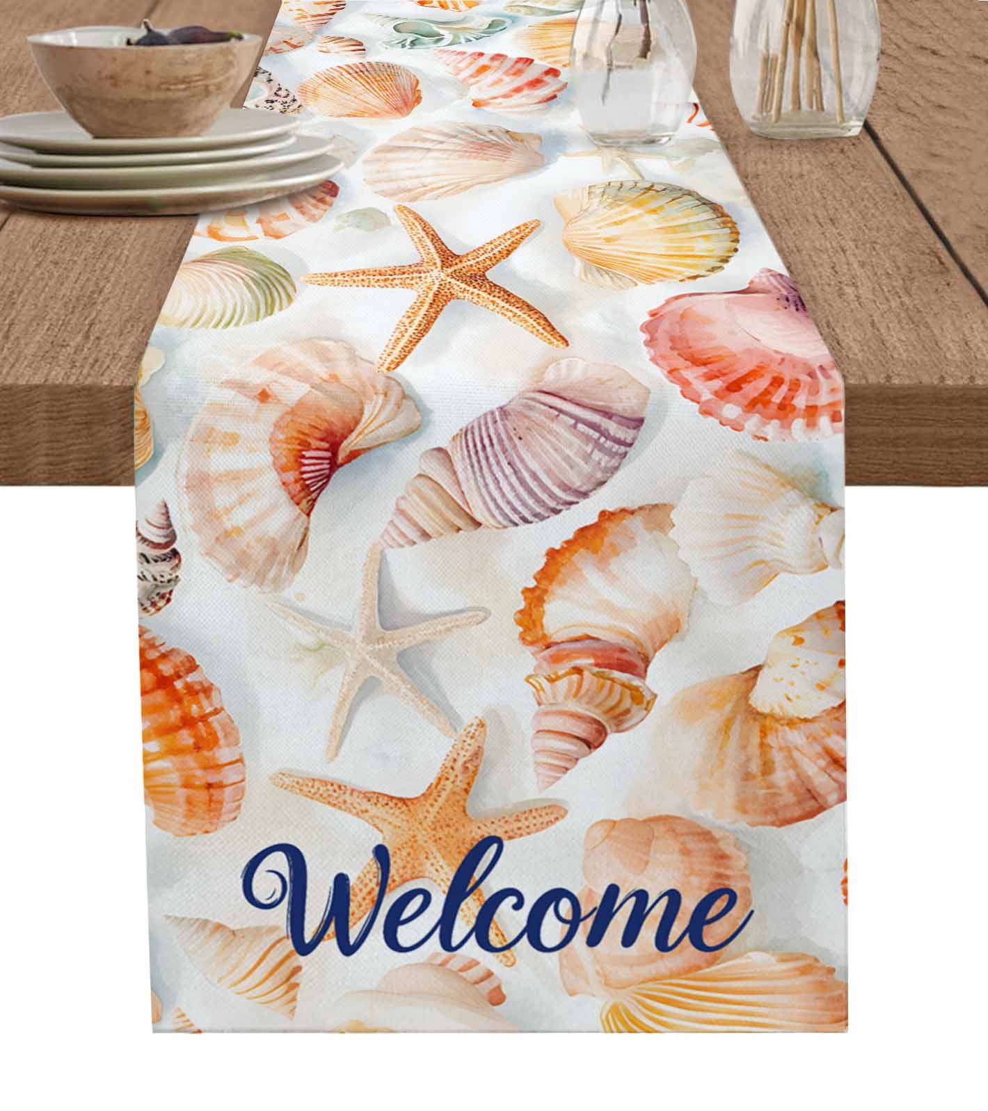 Red Orange Shell Coastal Table Runner 72 Inches, Summer Beach Starfish ...