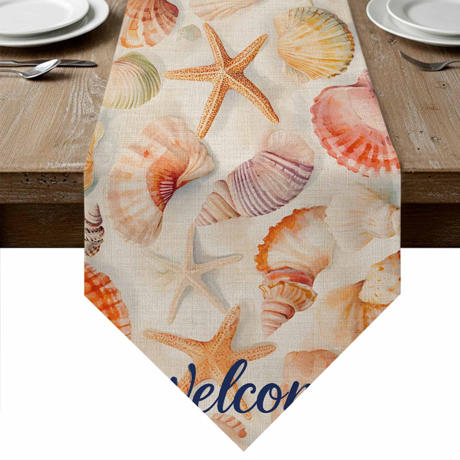 Red Orange Shell Coastal Table Runner Linen Burlap Table Runner 72 ...