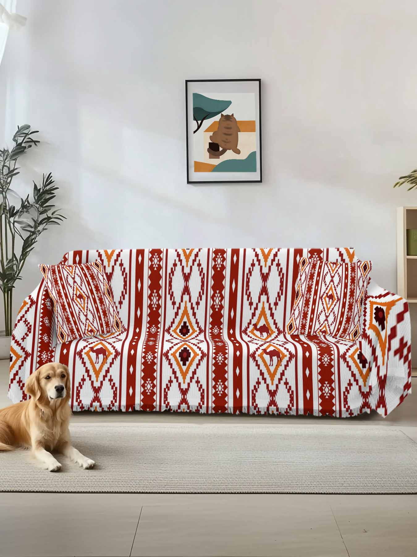 Red Orange Southwest Couch Cover Sofa Covers 3 Cushion Sectional Couch ...