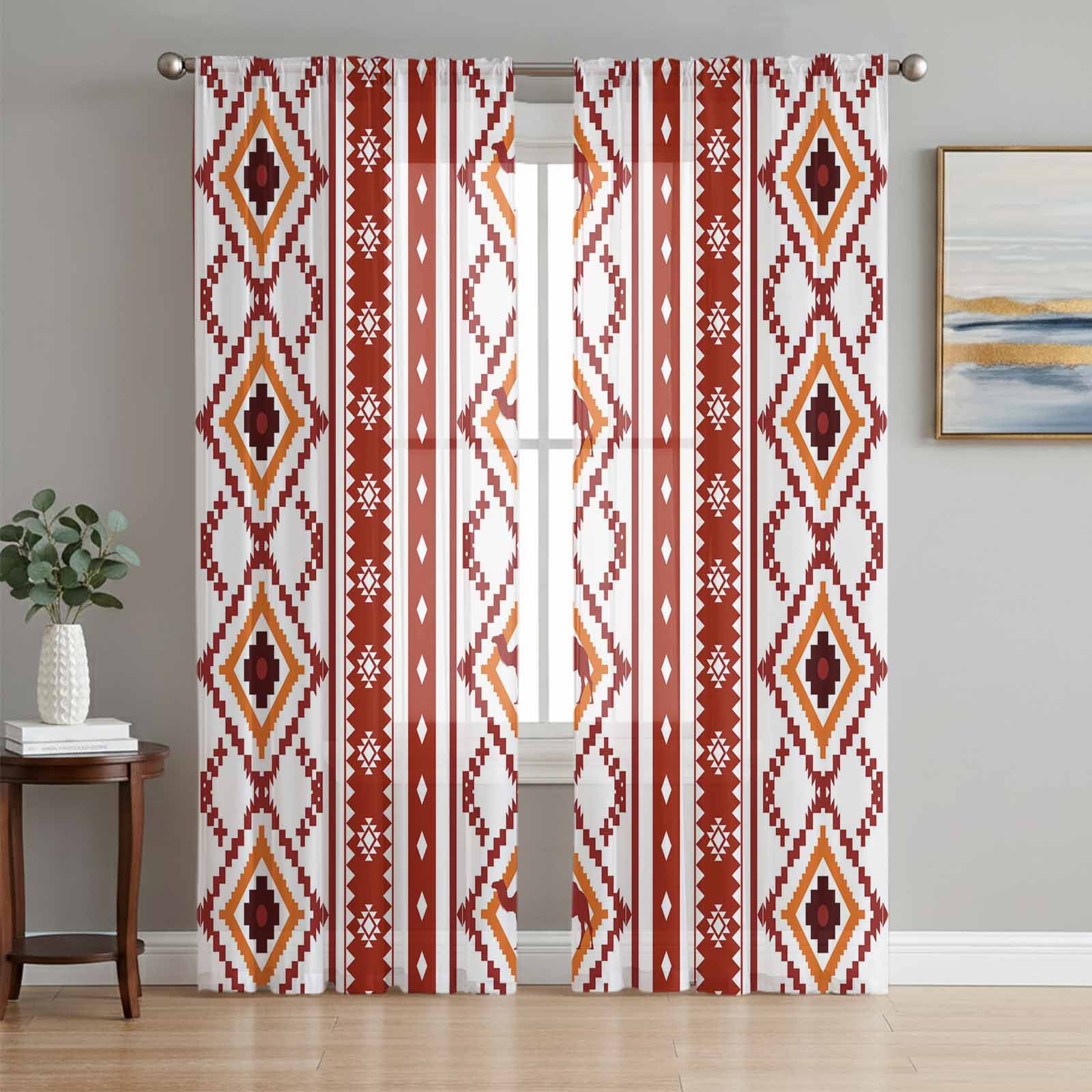 Red Orange Southwest Sheer Curtains 108 Inch Length 2 Panels for Living ...