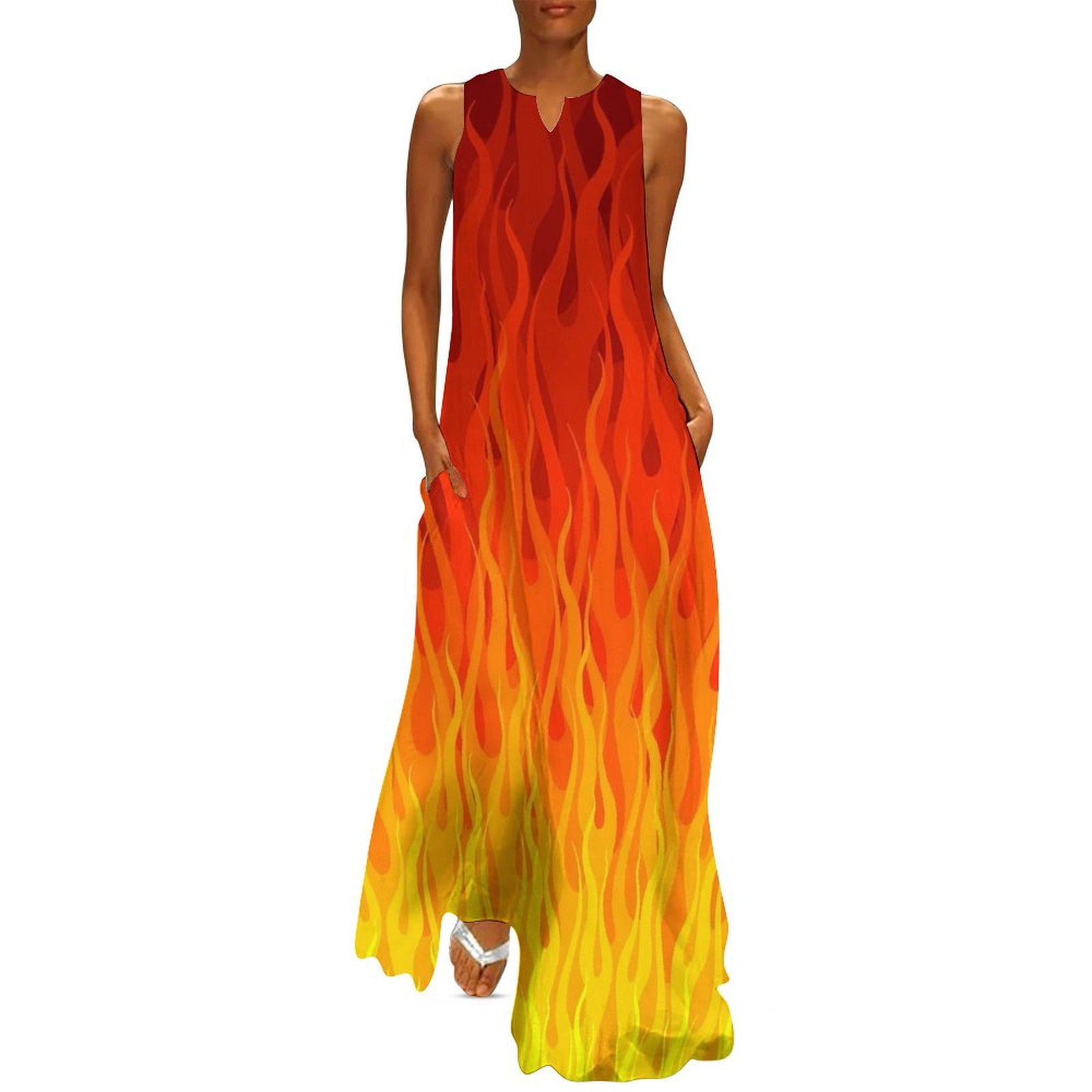 Red Orange Yellow Burning Flames And Fire Long Dress Women's Summer ...