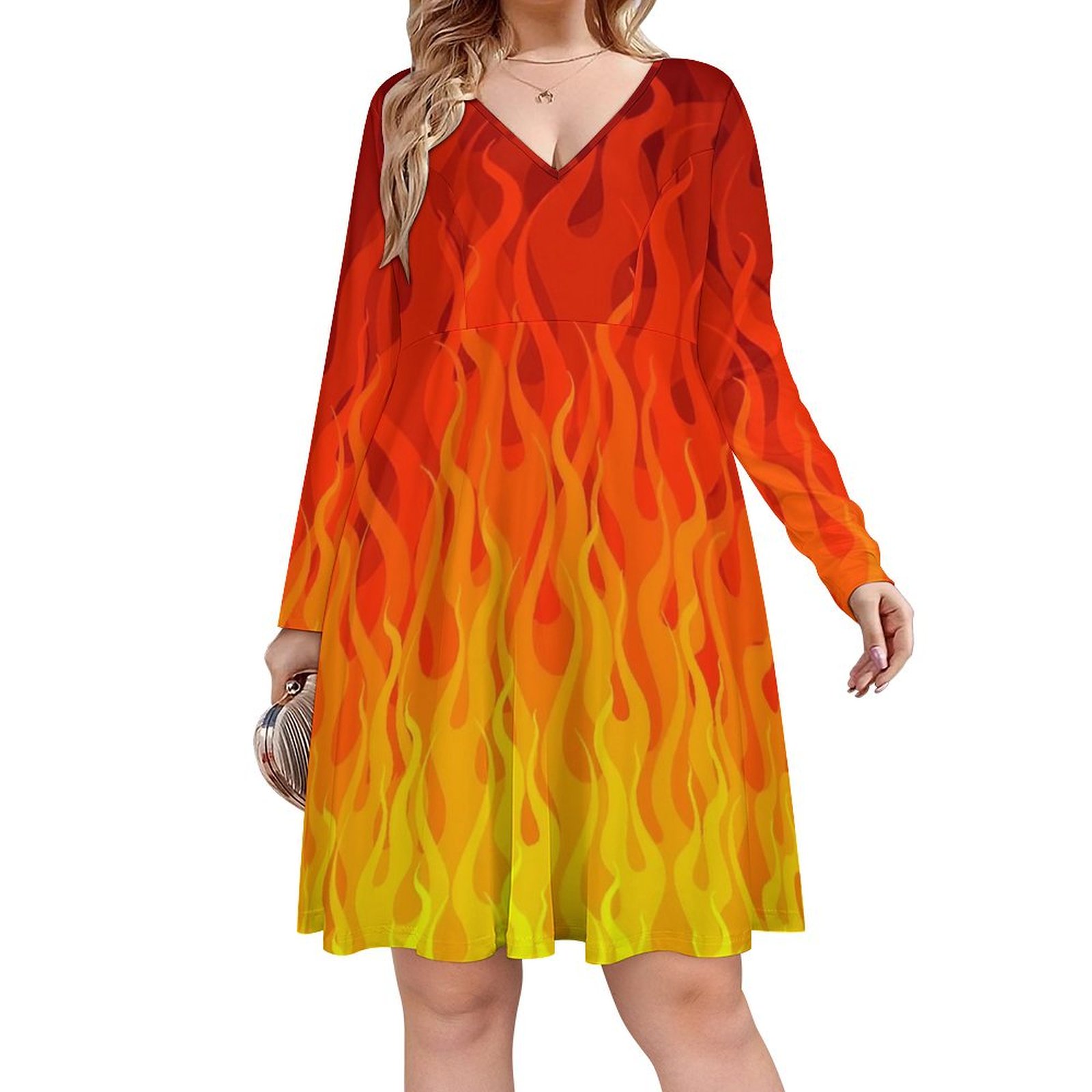 Red Orange Yellow Burning Flames And Fire Long Sleeve Sexy Dresses For ...