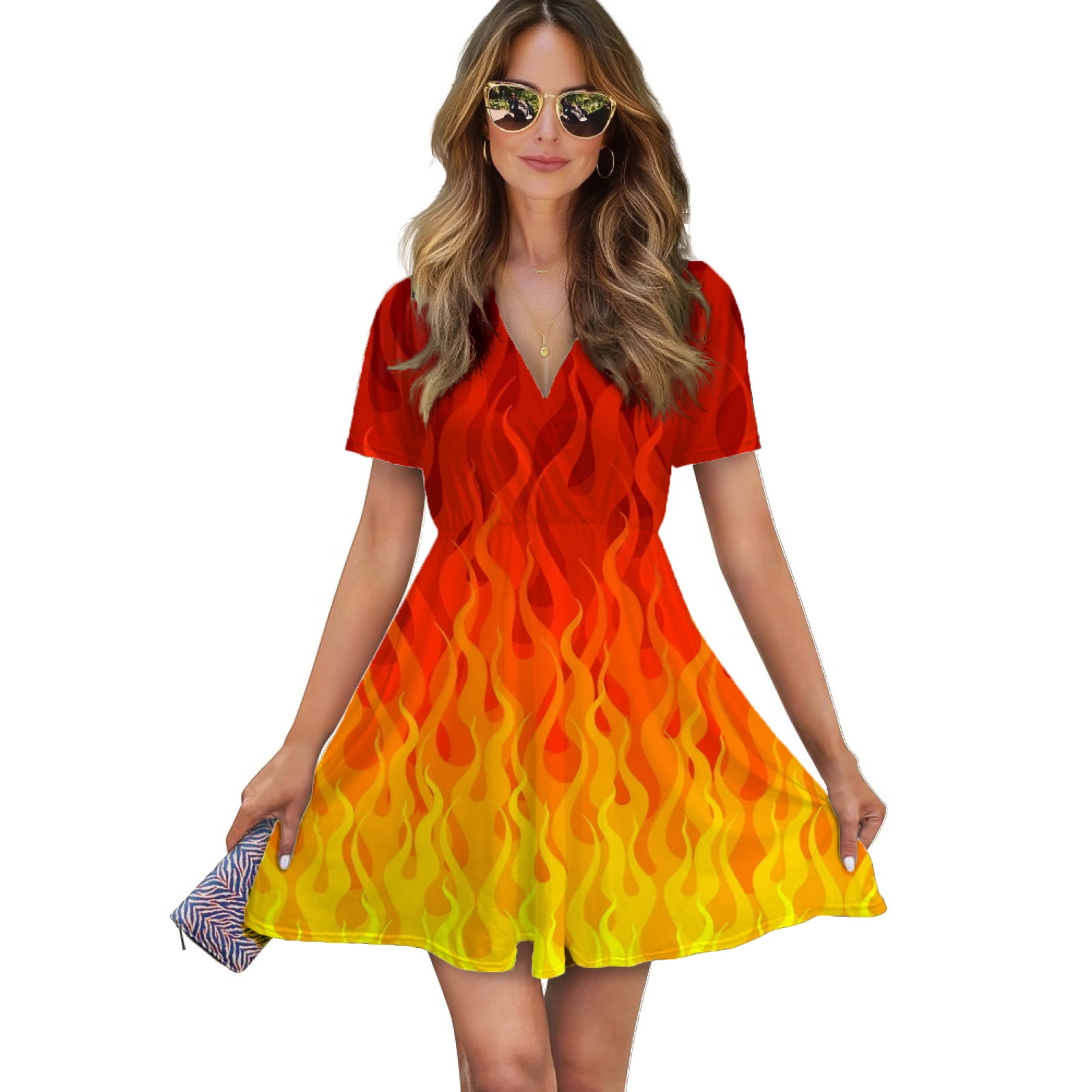 Red Orange Yellow Burning Flames And Fire Women Dress V-Neck Short ...