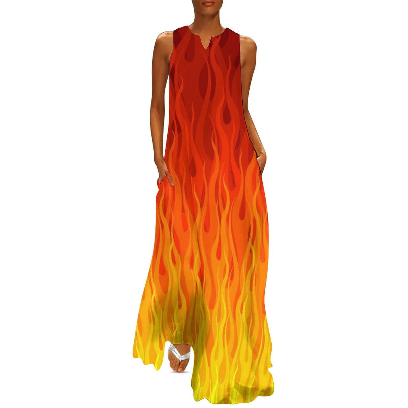 Red Orange Yellow Burning Flames and Fire Long Dress luxury women"s ...