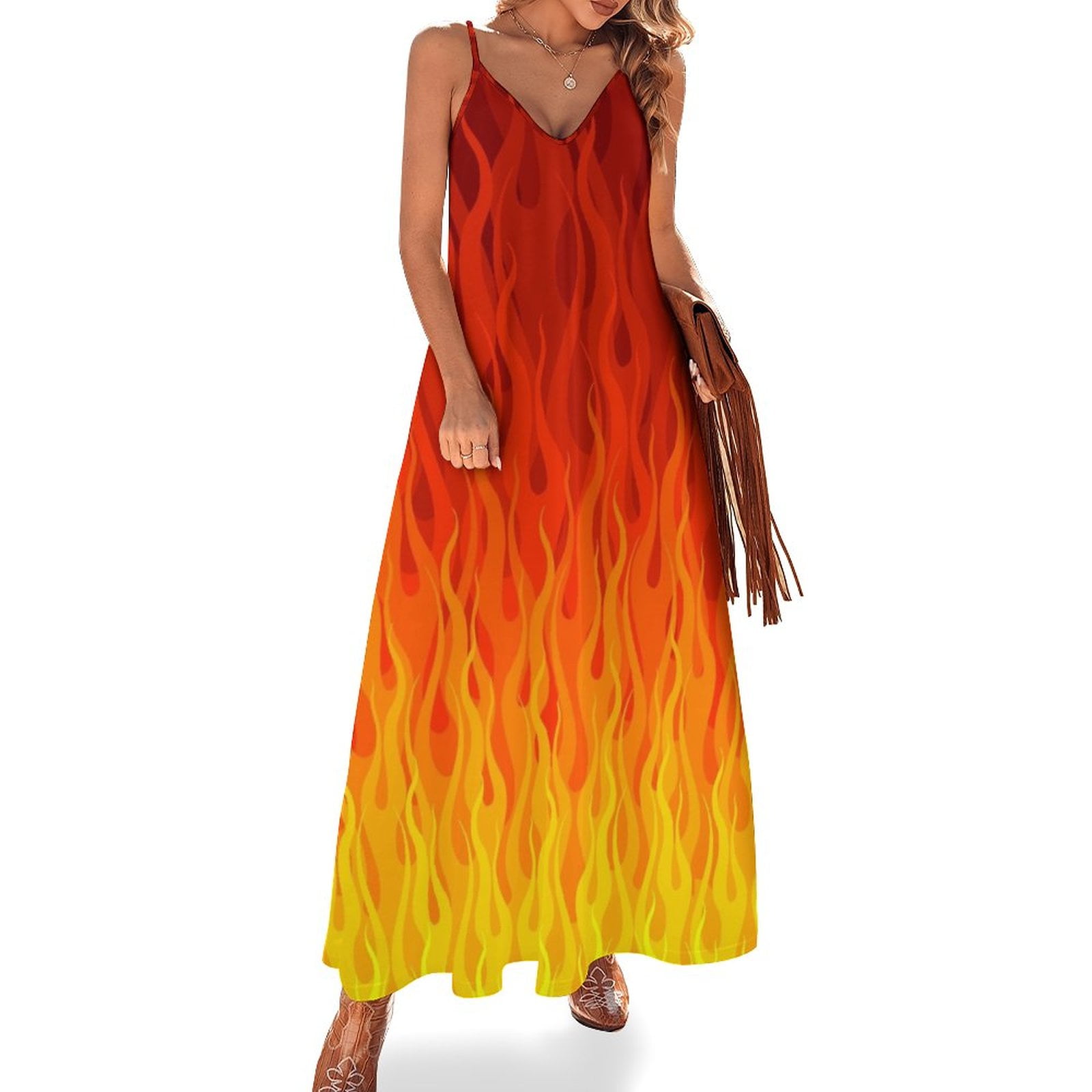 Red Orange Yellow Burning Flames and Fire Sleeveless Dress Summer ...