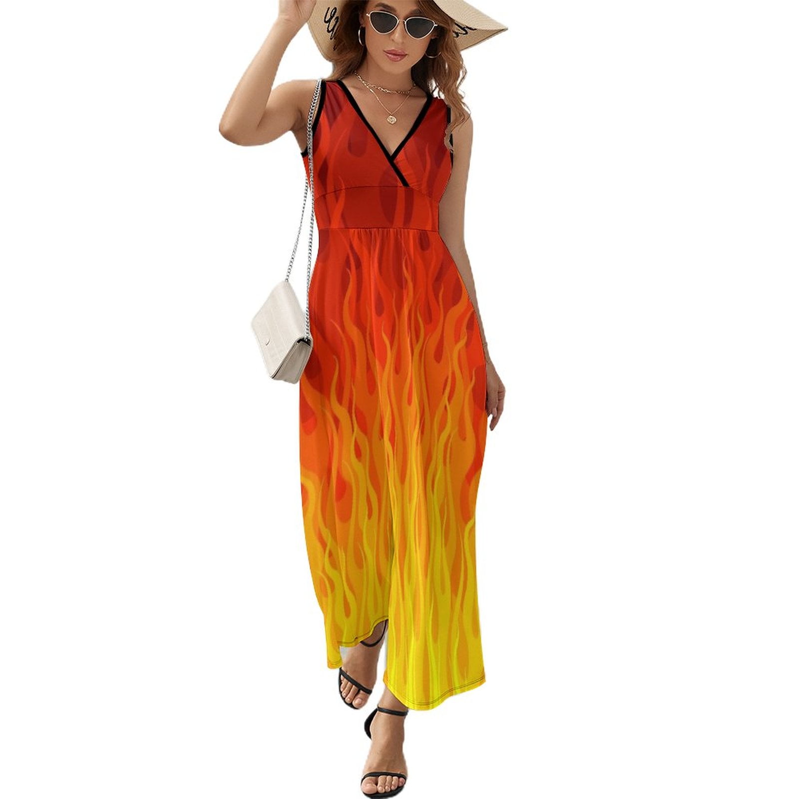 Red Orange Yellow Burning Flames and Fire Sleeveless Dress dress party evening elegant luxury ...