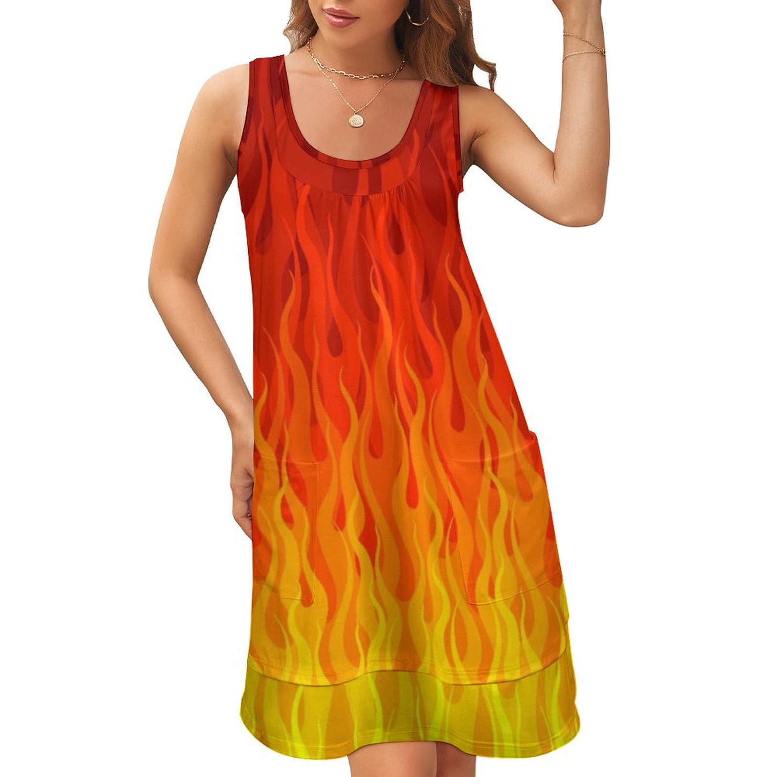 Red Orange Yellow Burning Flames and Fire Sleeveless U-Neck Fake Two ...