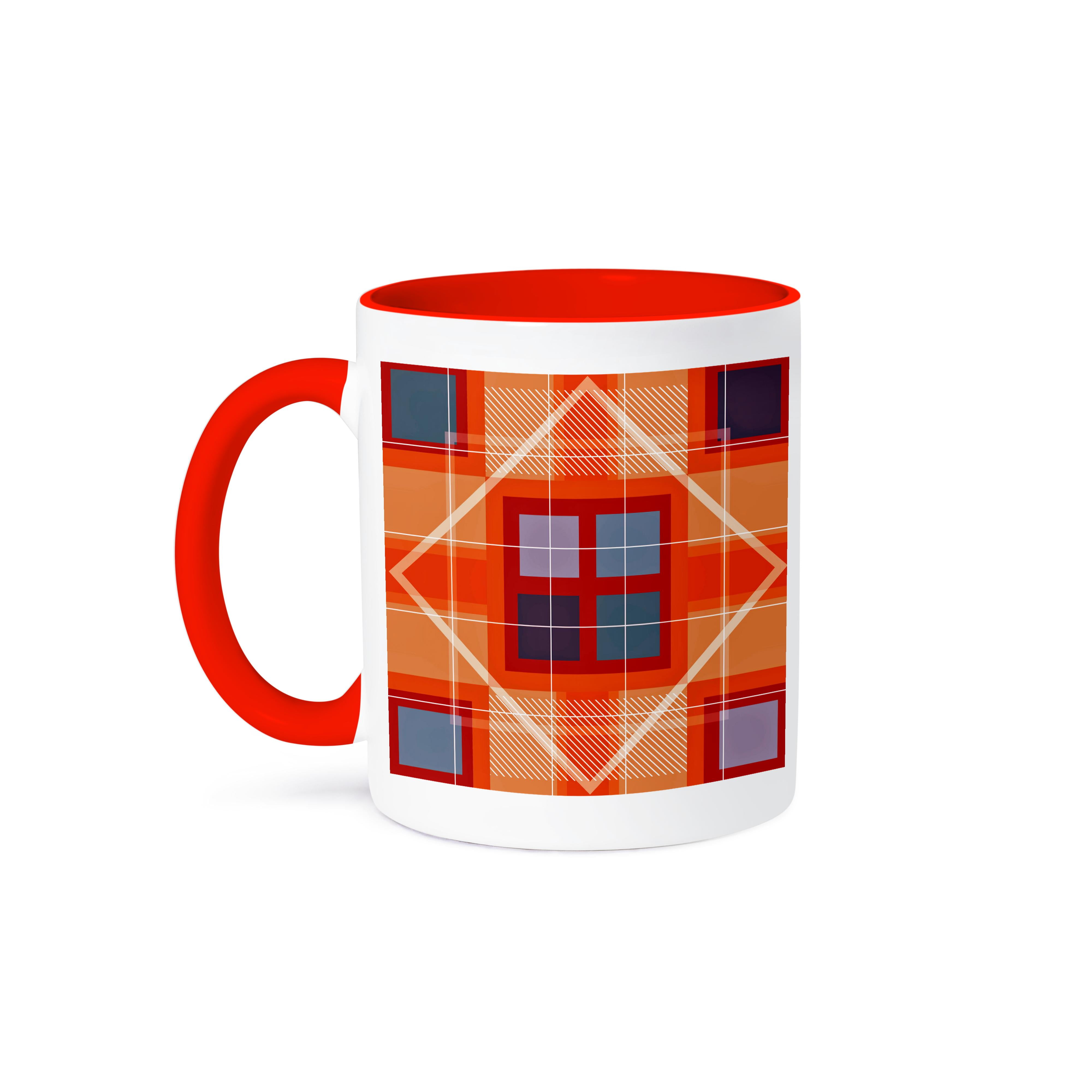 3dRose, Red, Orange, and Blue Triangle and Square Geometric Pattern, 15oz Two-Tone Red Mug ...